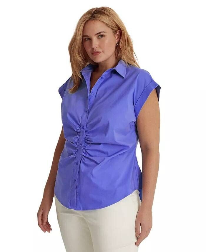 Lauren Ralph Lauren Shirred Stretch Cott Blue Loch Blue Plus-Size 16W ...