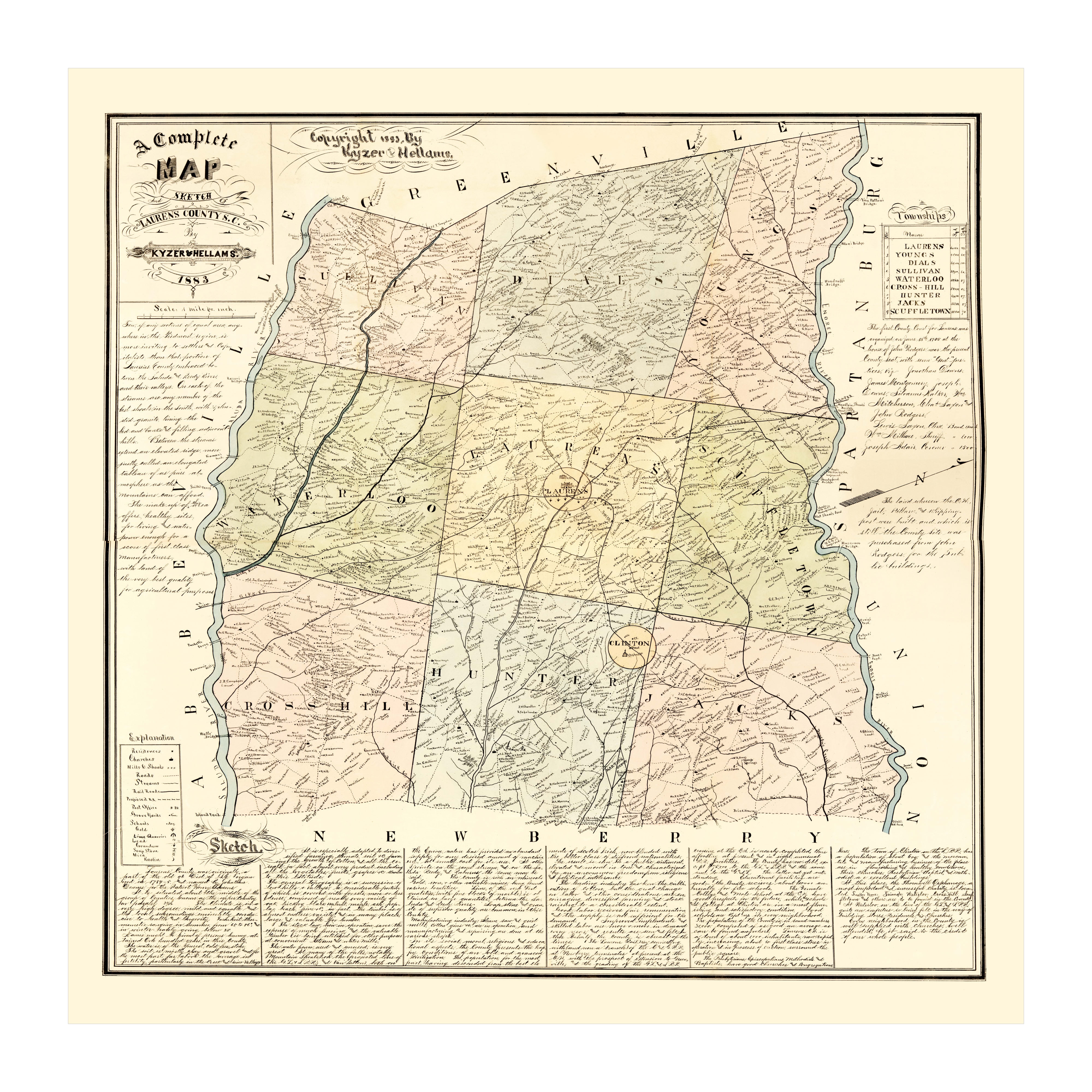 Laurens County South Carolina Art, 1883 Vintage Map of Laurens County ...