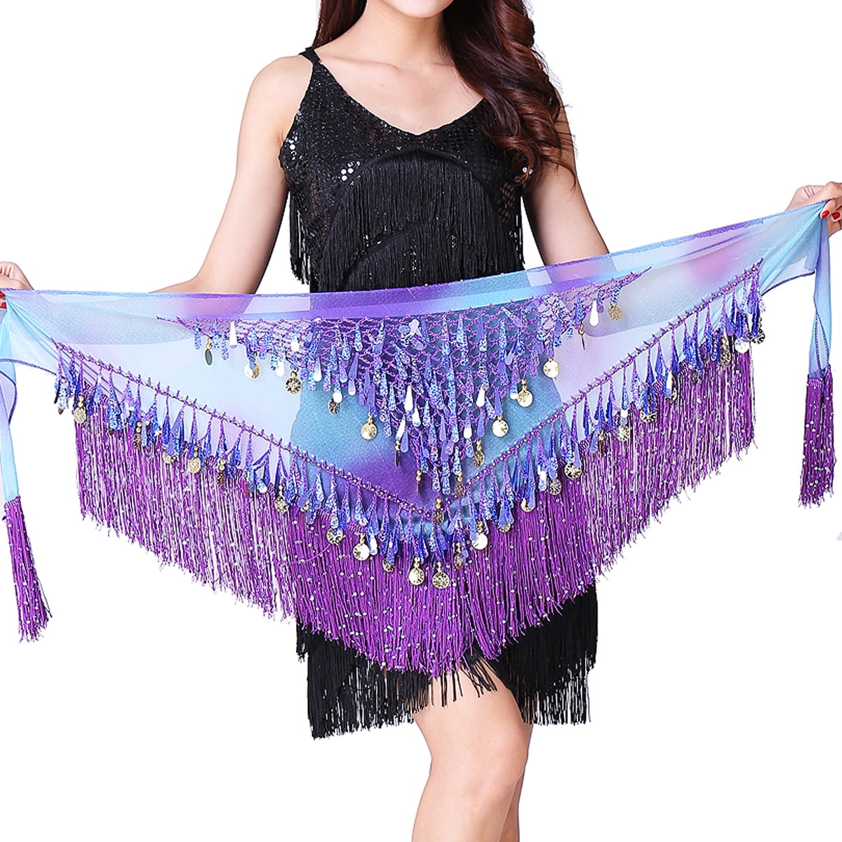 Belly Dance Hip Scarf with Tassels Sequins, Triangle Coins Wrap Skirt ...