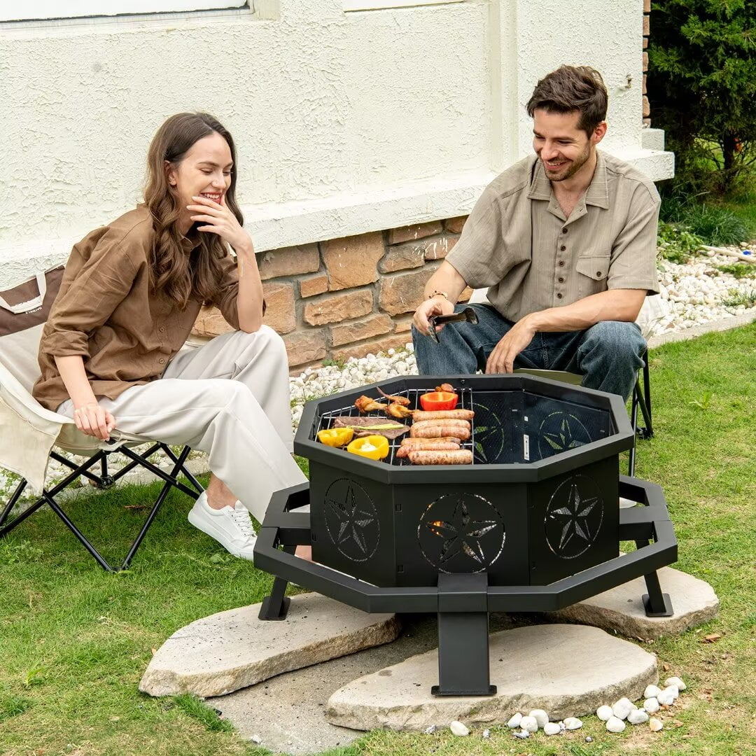 MistMo Octagon Wood Fire Pit with Grill, 35" Metal Firepit Black ...