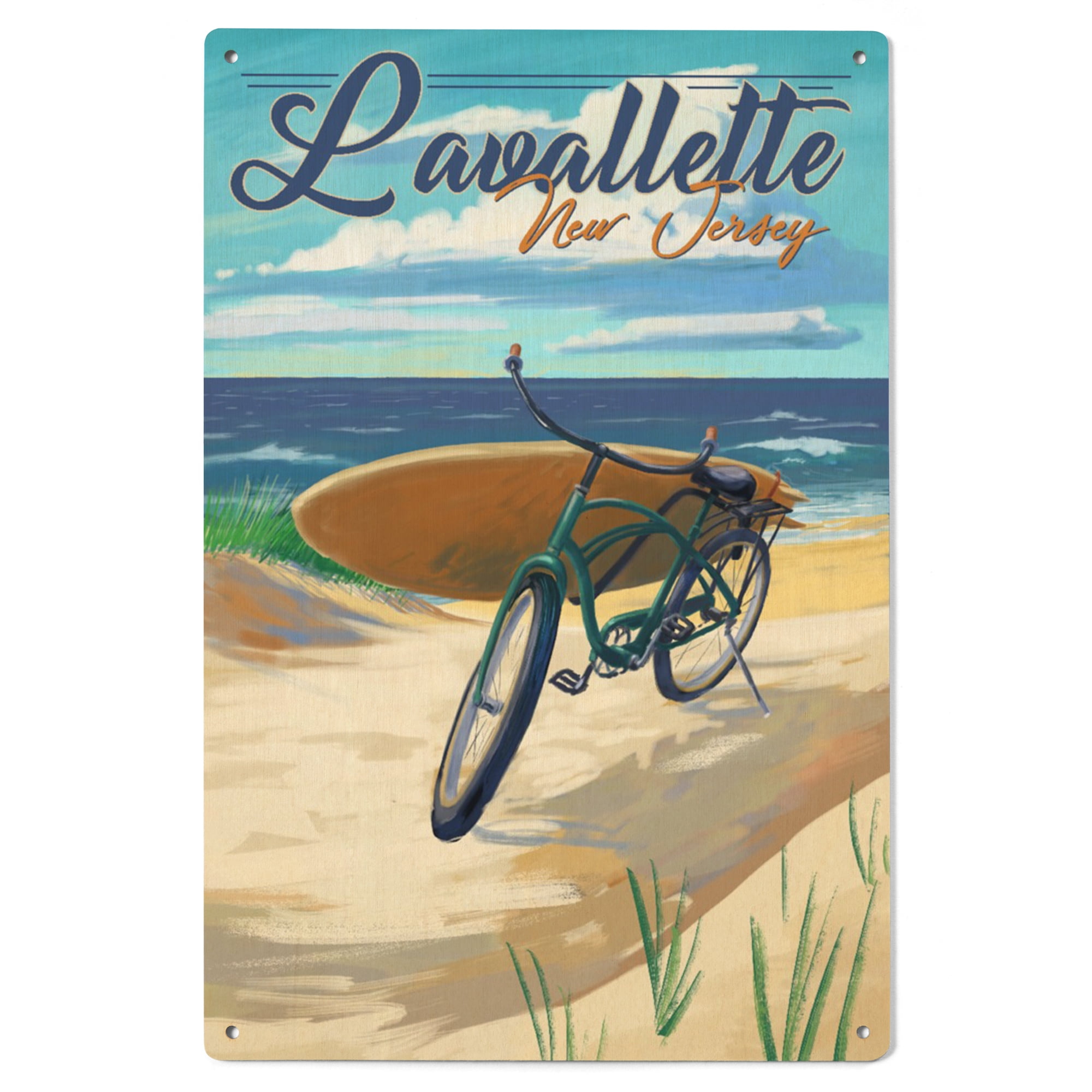 Lavallette, New Jersey, Beach Cruiser and Surfboard Birch Wood Wall ...