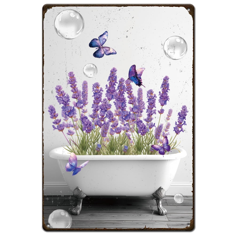Lavender Bathtub Metal Signs Flowers and Butterfly Tin Sign Bathroom ...