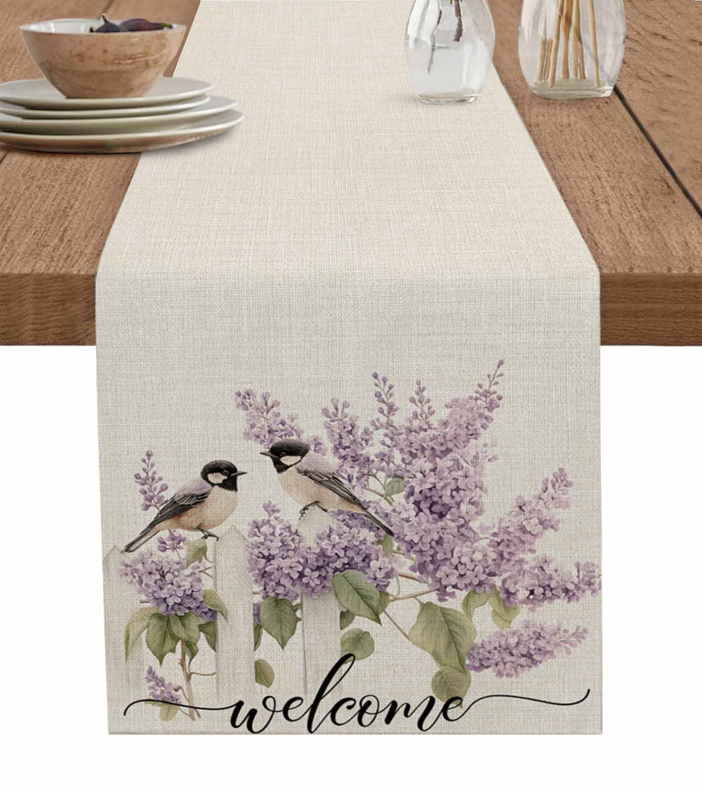 Lavender Bird Table Runner 90 Inches, Country Purple Garden Flowers ...