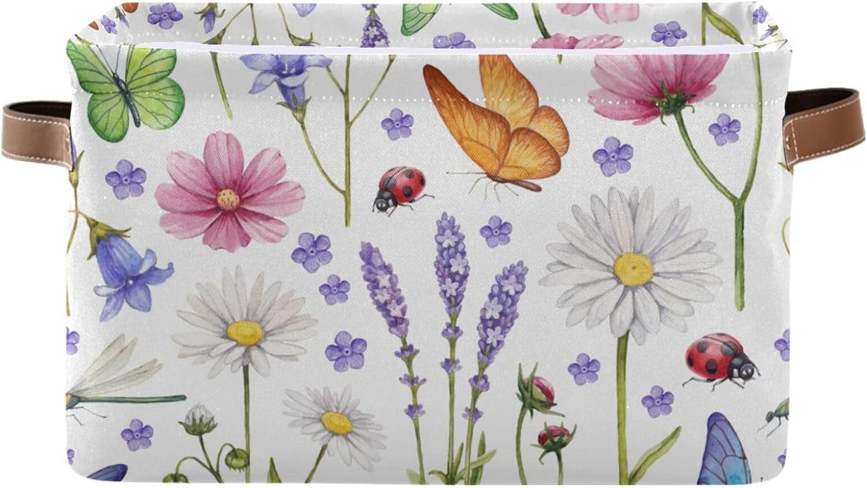 Lavender Botanical Storage Basket, Durable Canvas Organizer With ...