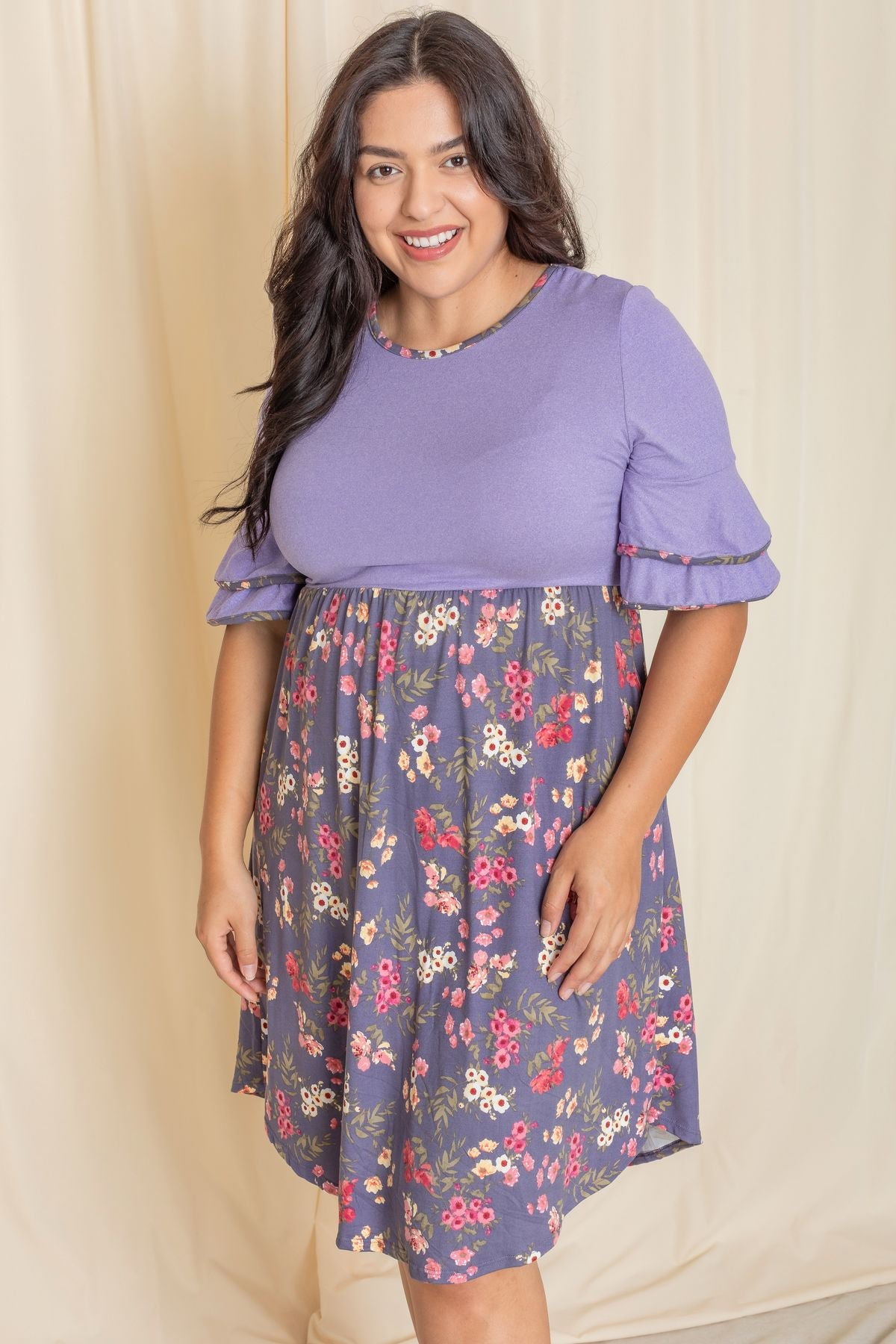 Lavender Branch Floral Double Ruffle Sleeve Midi Dress_Plus - Walmart.com