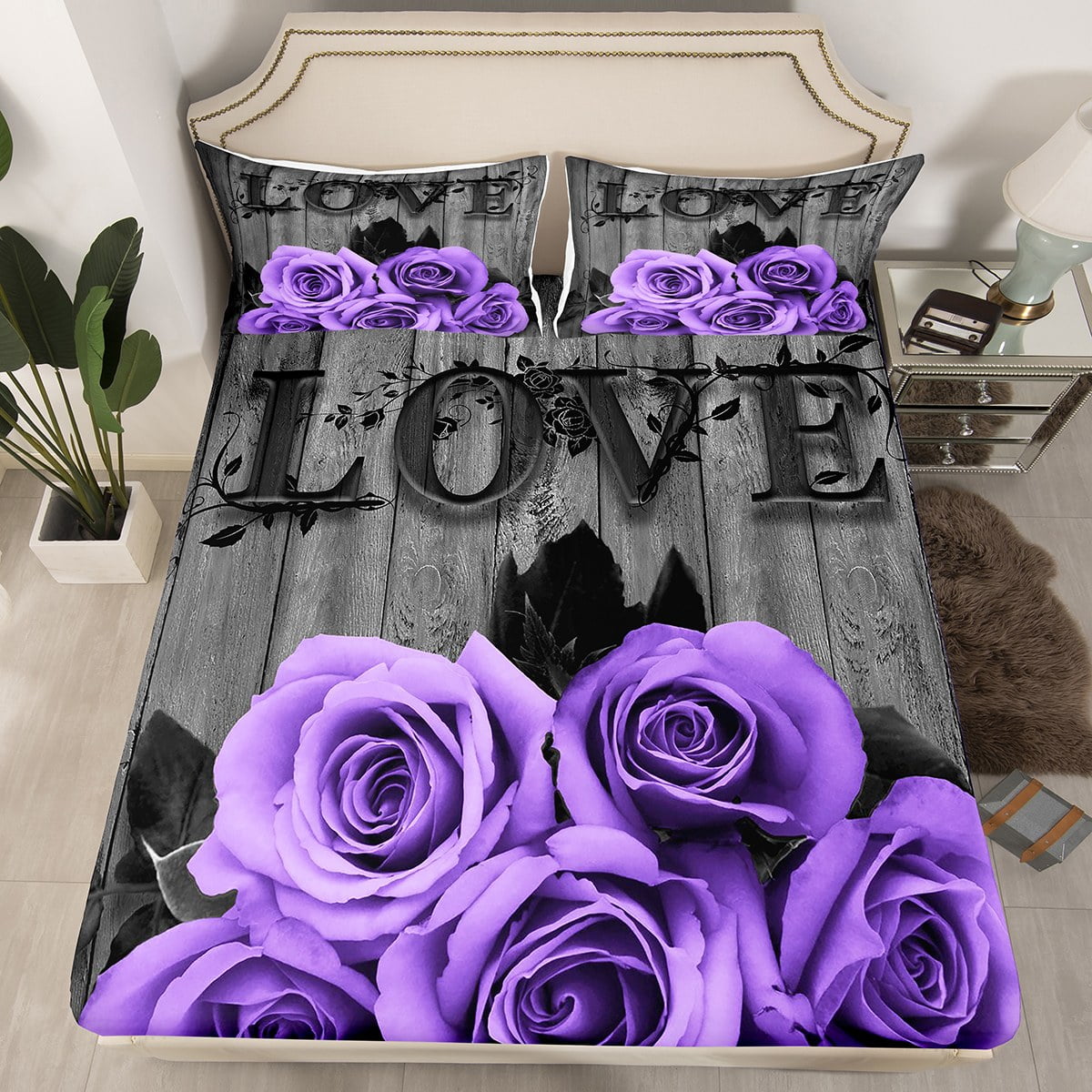 Lavender Color Rose Bed Sheets Full Purple Black Grey Flower Fitted ...