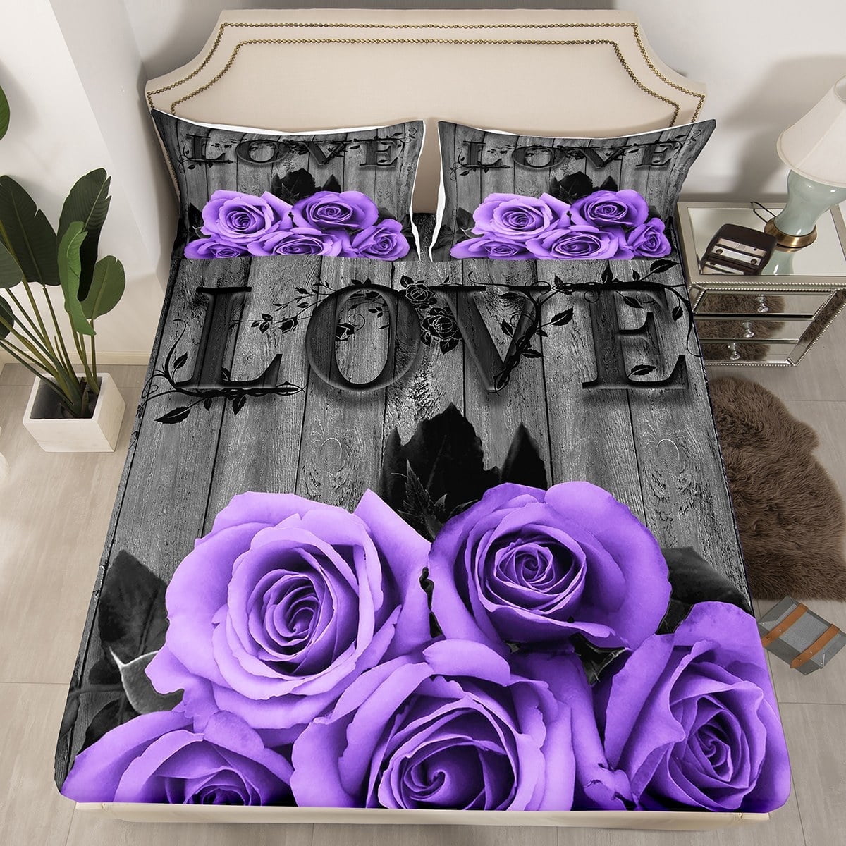 Lavender Color Rose Bed Sheets Twin Purple Black Grey Flower Fitted ...