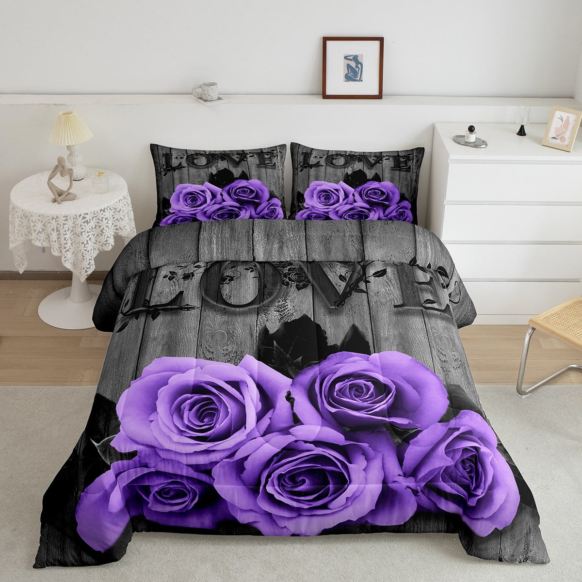 Erosebridal Full Size Lavender Floral Comforter Set, Purple Grey ...