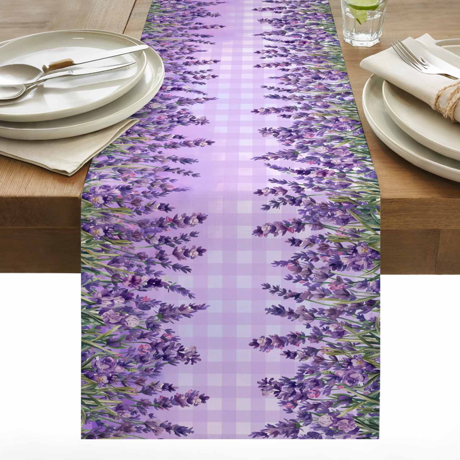 Lavender Cotton Linen Table Runner Spring Purple Flowers Watercolor ...