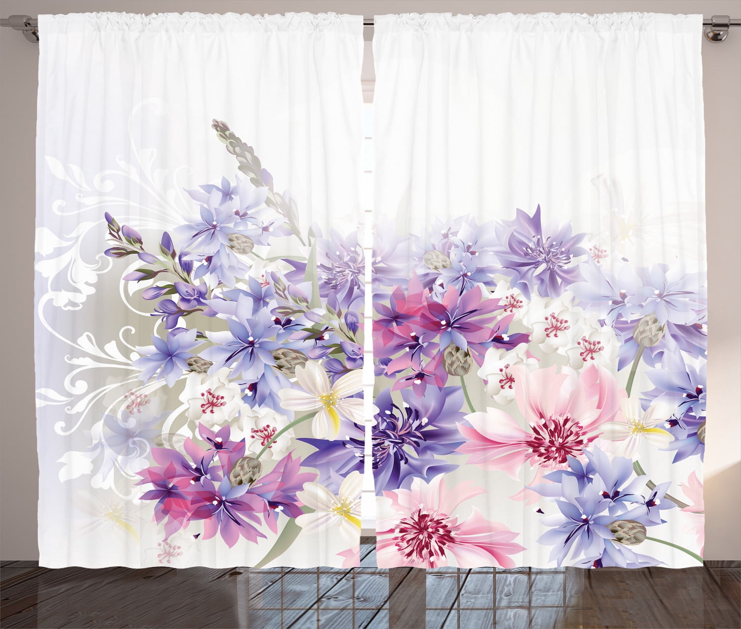 Ambesonne Lavender Curtains 2 Panel Set, Pink Purple Flowers, 108" x 84 ...