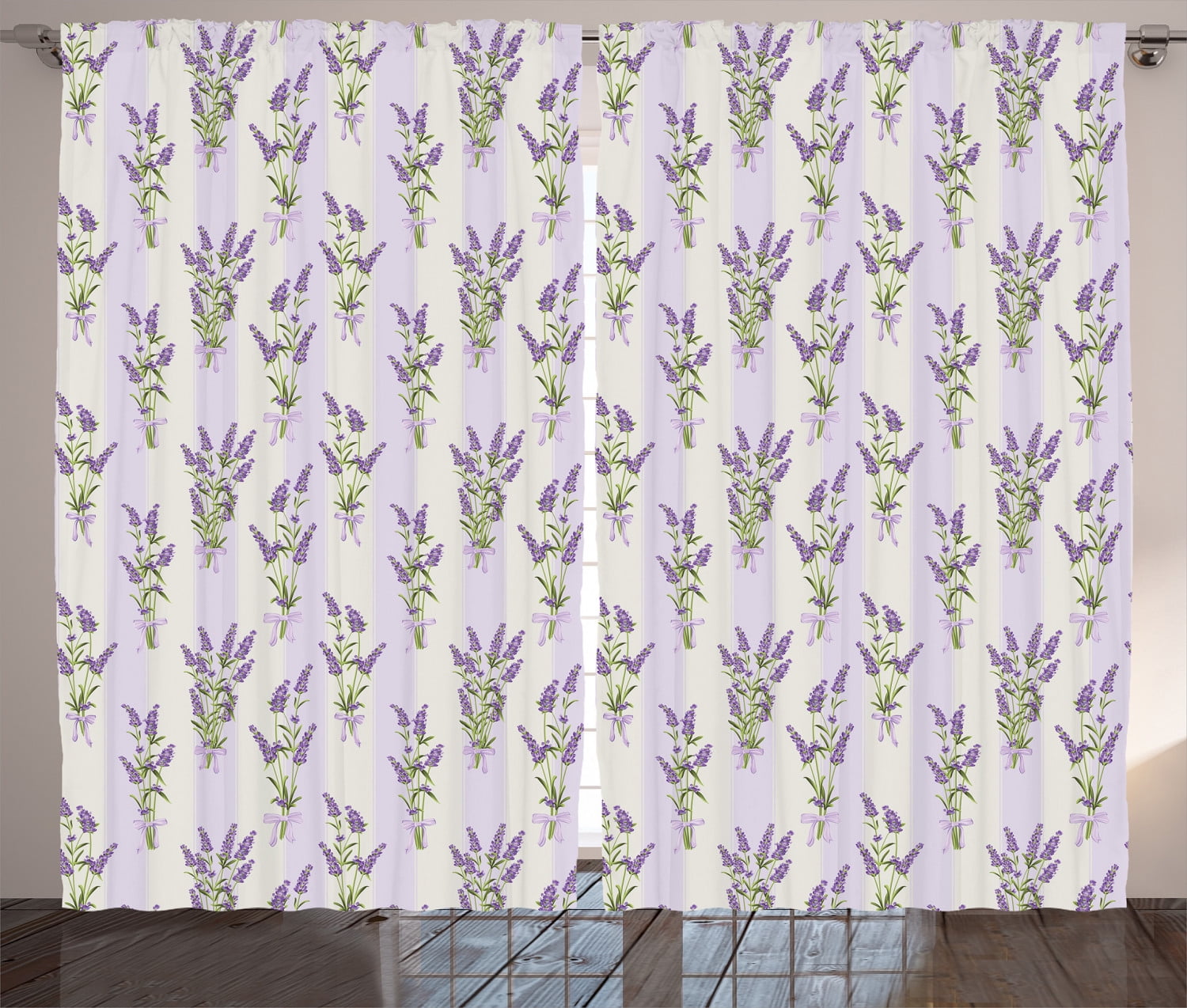 Ambesonne Lavender Curtains 2 Panel Set, Stripes and Flowers, 108" x 84 ...