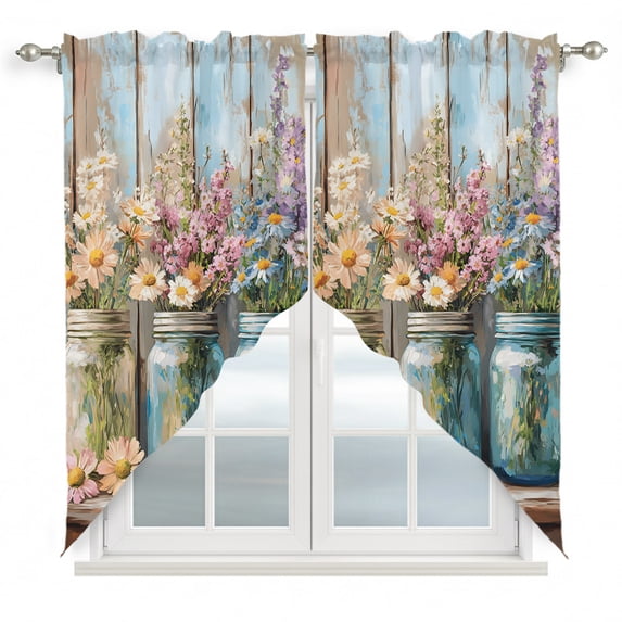 Lavender Daisy Swag Curtain Valance for Window 2 Panels Floral Vase Rod ...