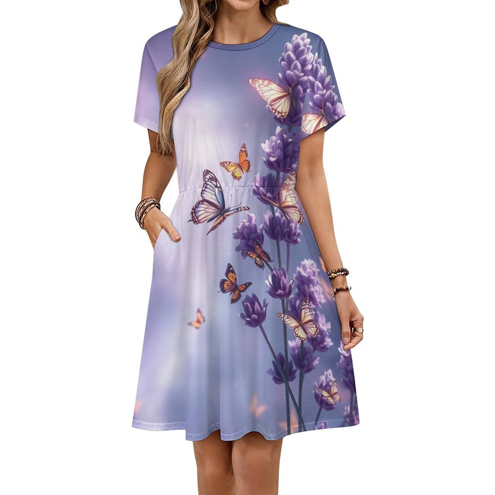 Lavender Dress Fashion Beach Short Sleeve Dresses Female Party Printed ...
