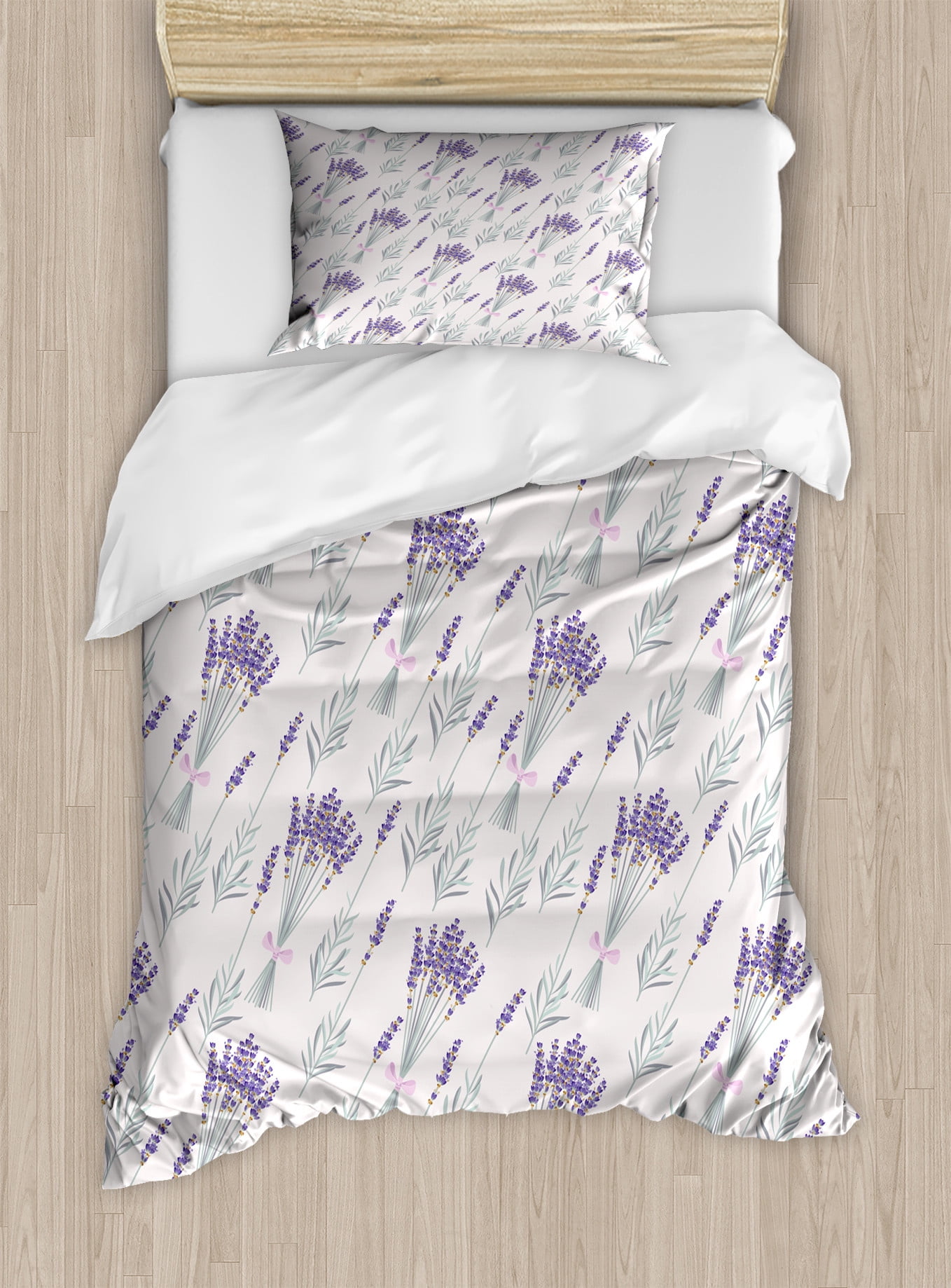 Lavender Duvet Cover Set, Botany Flowers Ribbon Blossom on Pastel Tone ...