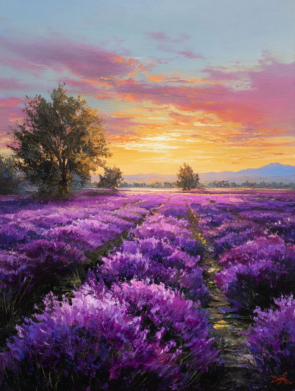 Lavender Field Sunset Impressionist Canvas Painting, Farmhouse Home ...