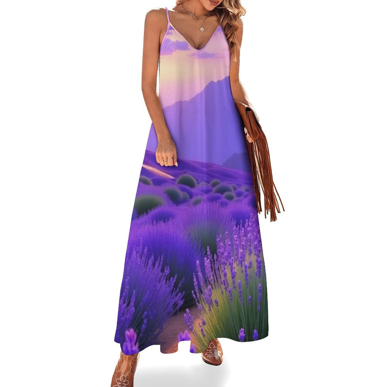 Lavender Field Sunset Sleeveless Dress Women's Luxury Party Dress ...