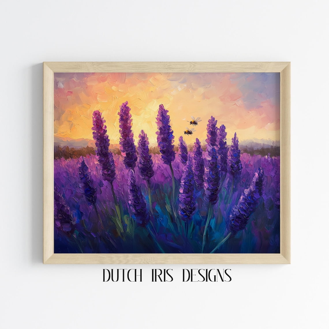 Lavender Field With Bees, Rustic Summer Sunset Art, Cottagecore ...
