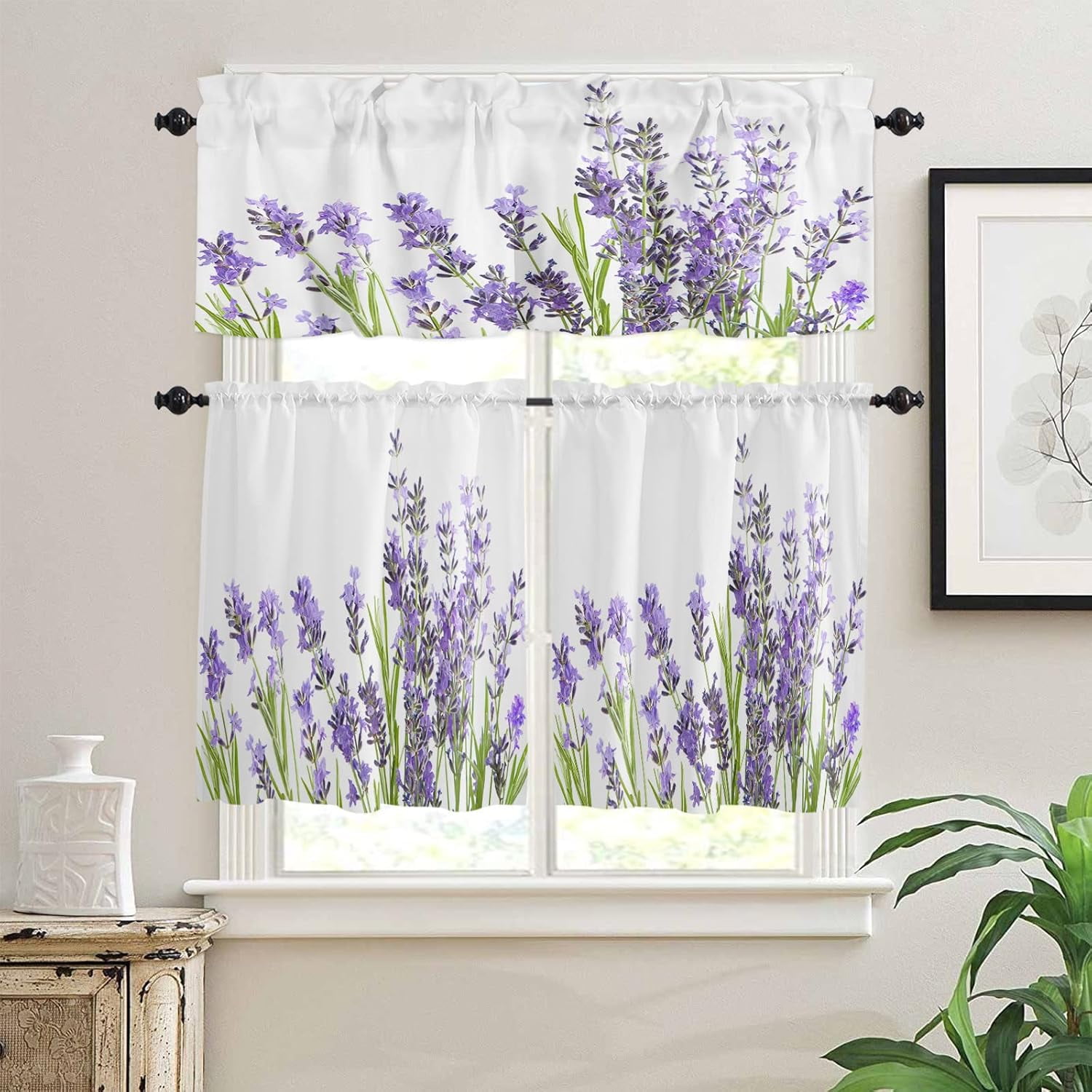 Lavender Flower 3 Piece Curtains Tiers and Valances Set, Purple Summer ...