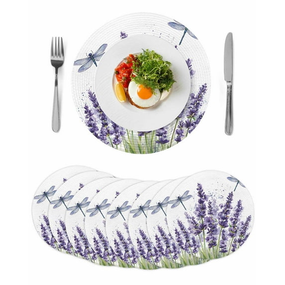 Lavender Flower Dragonfly Round Table Placemats set of 8, Purple Summer ...