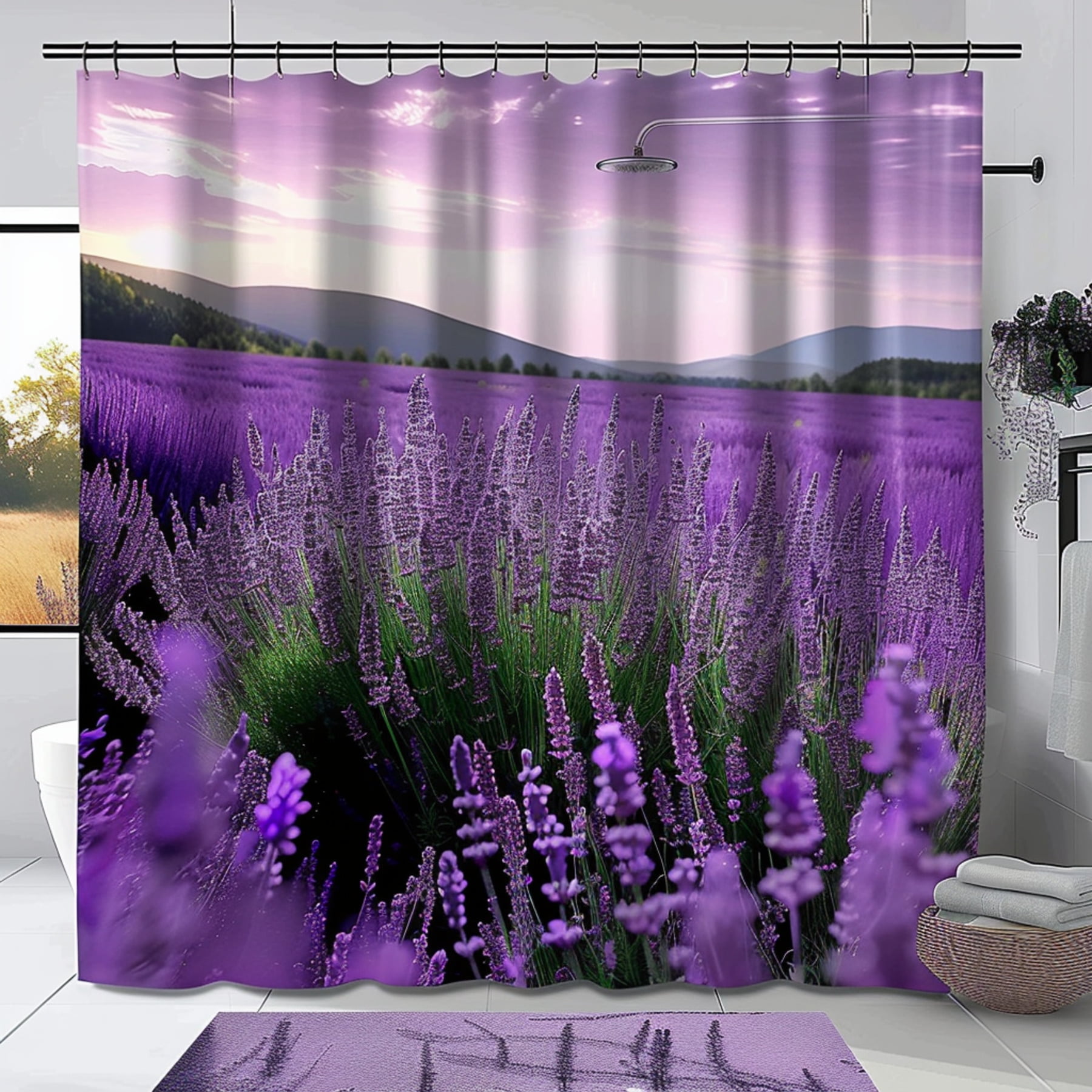 Lavender Flower Field Shower Curtain Set Purple And Black Bathroom Decor