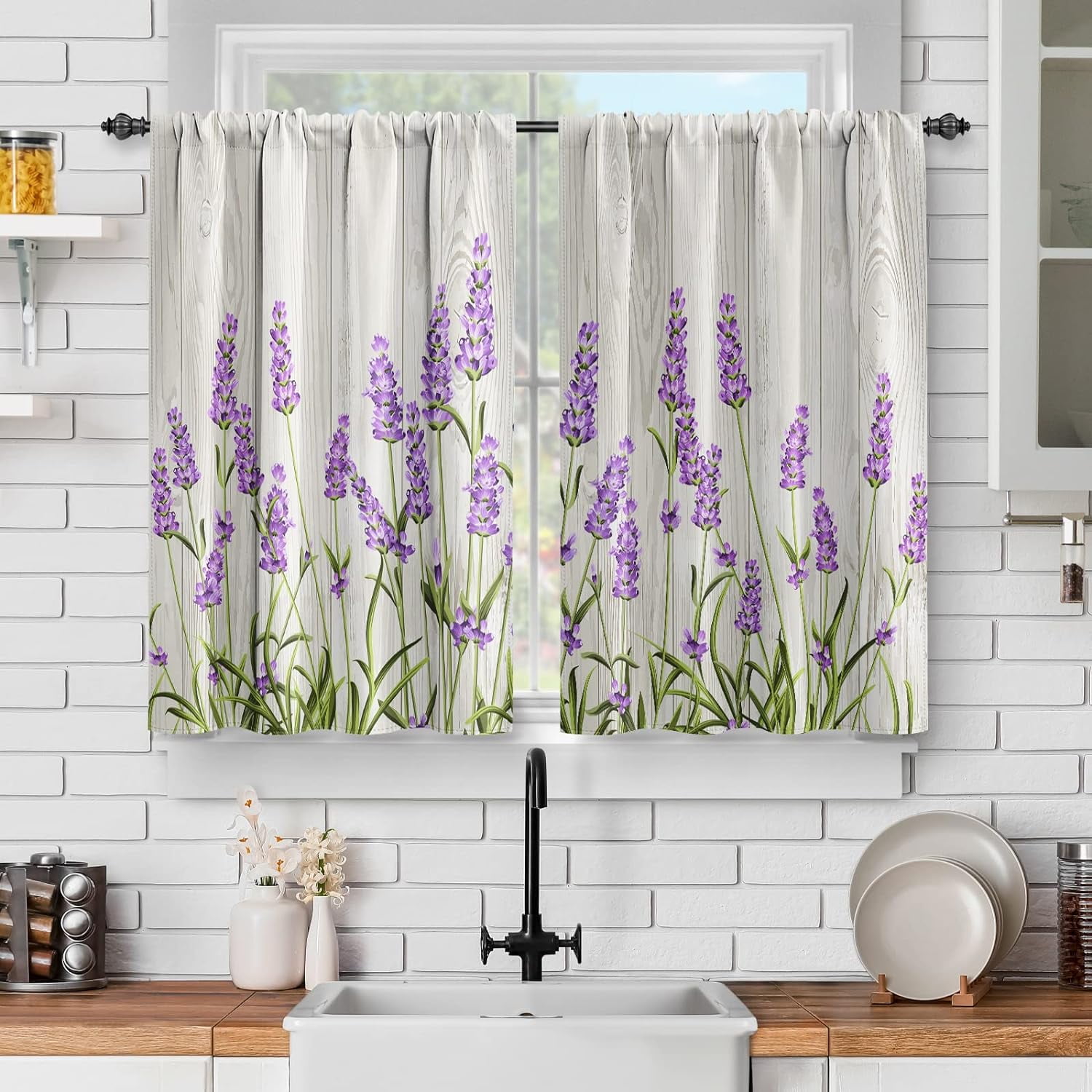 Lavender Flower Floral Kitchen Curtains -Rustic Wood Barn Door ...