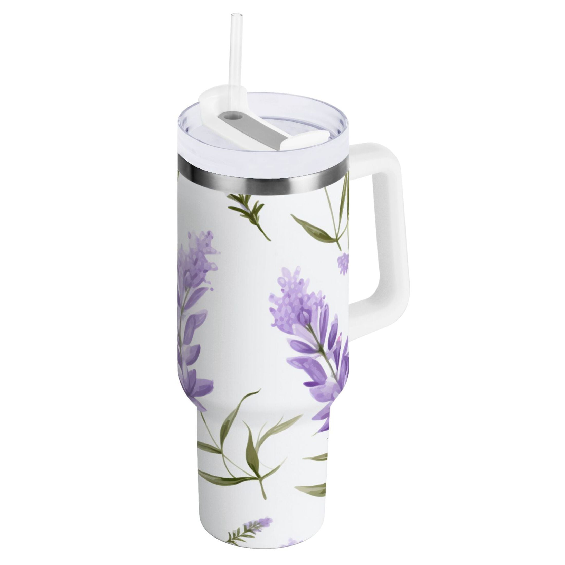 Lavender Flower Tumbler with Handle and Straw Insulated Travel Mug ...