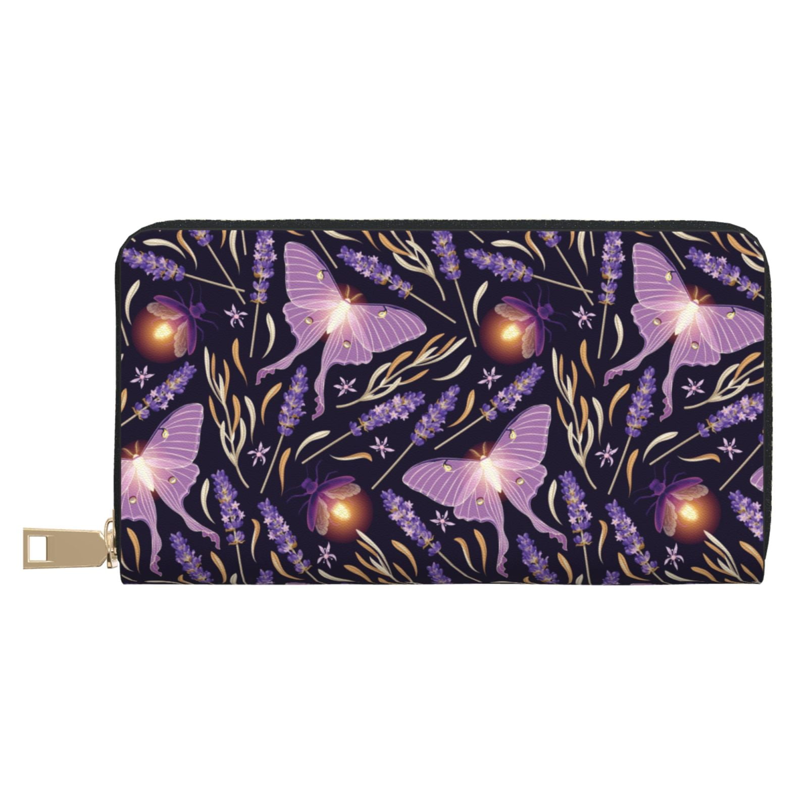 Lavender Flowers Glowing Butterfly Wallet Women, Leather Bifold Multi ...