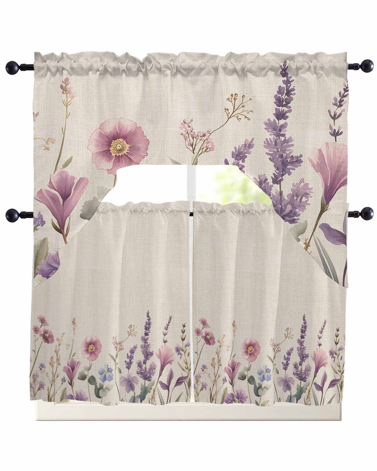 Lavender Flowers Kitchen Curtains Sets 36 Inch Length with Valance ...