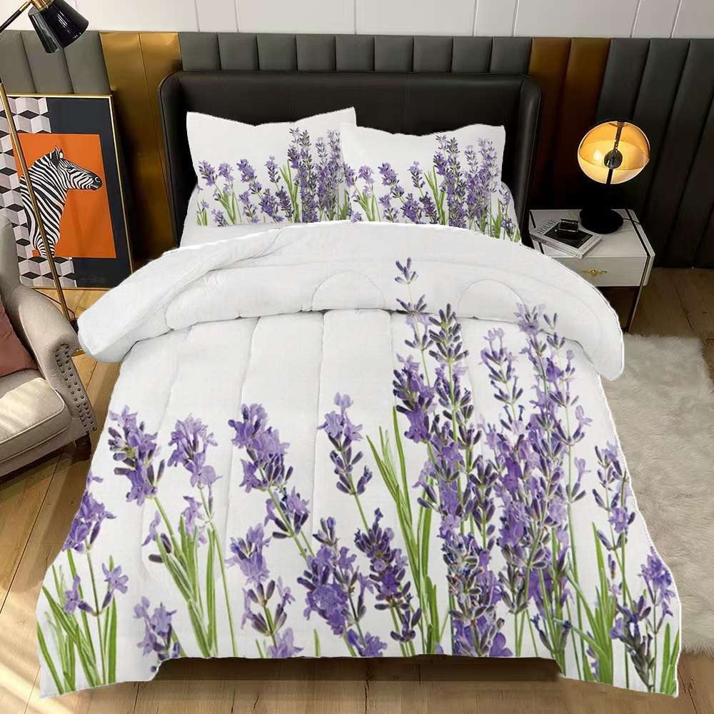 Lavender Flowers On White Background Comforter Set King Size Bedding ...