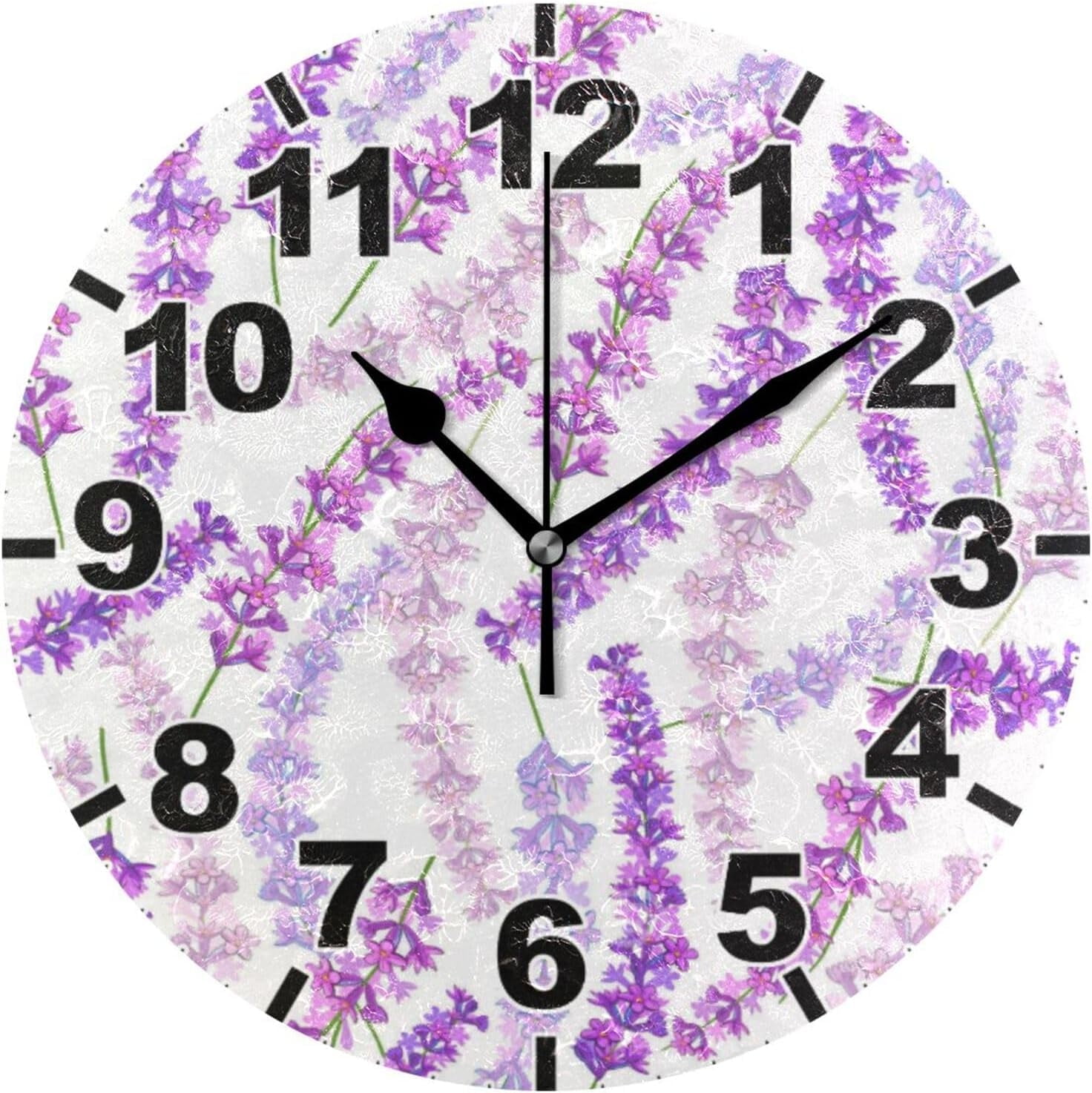 Lavender Flowers Round Wall Clock, Battery Operated Silent Non Ticking ...