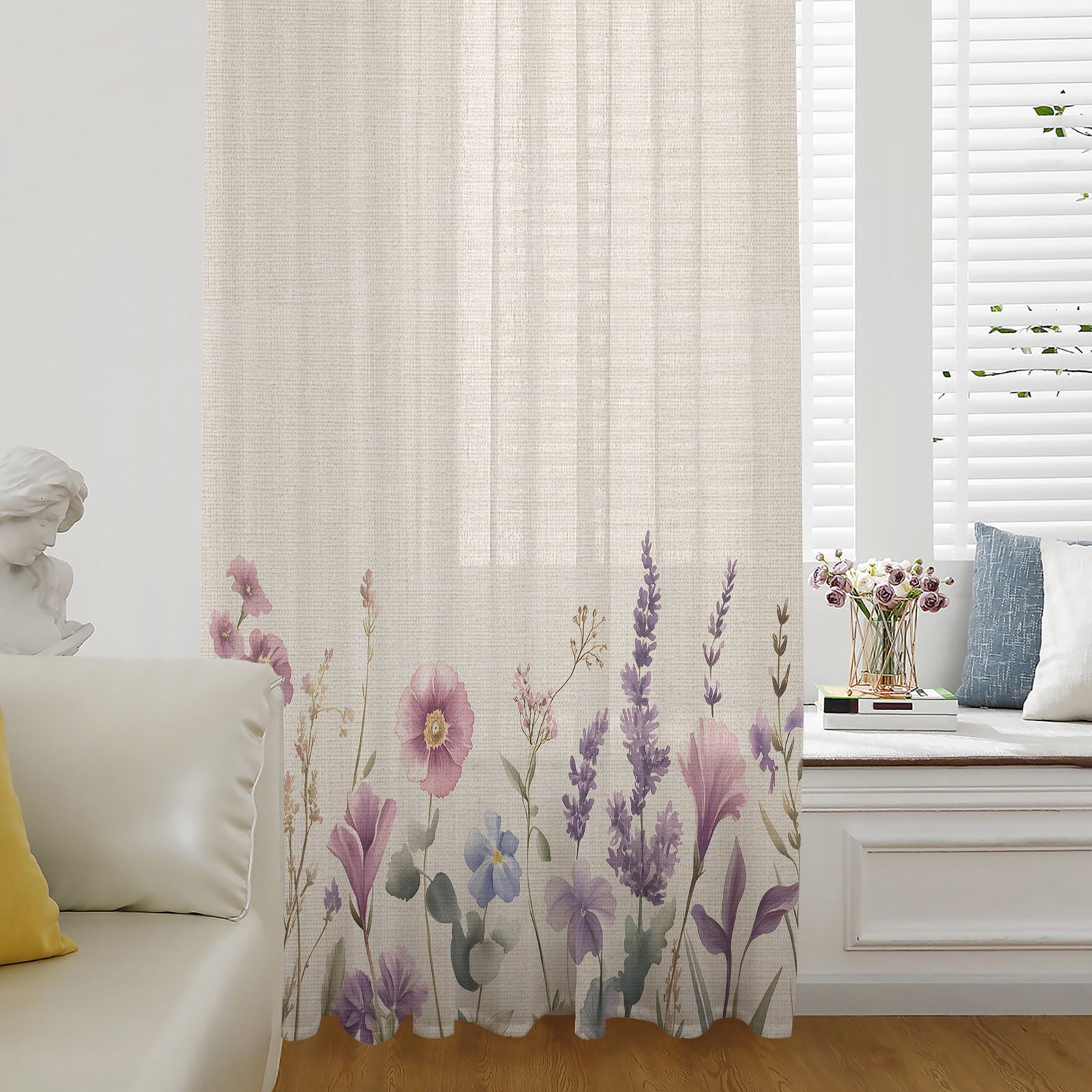 Lavender Flowers Sheer Curtains 84 Inch Length, Light Filtering Voile ...