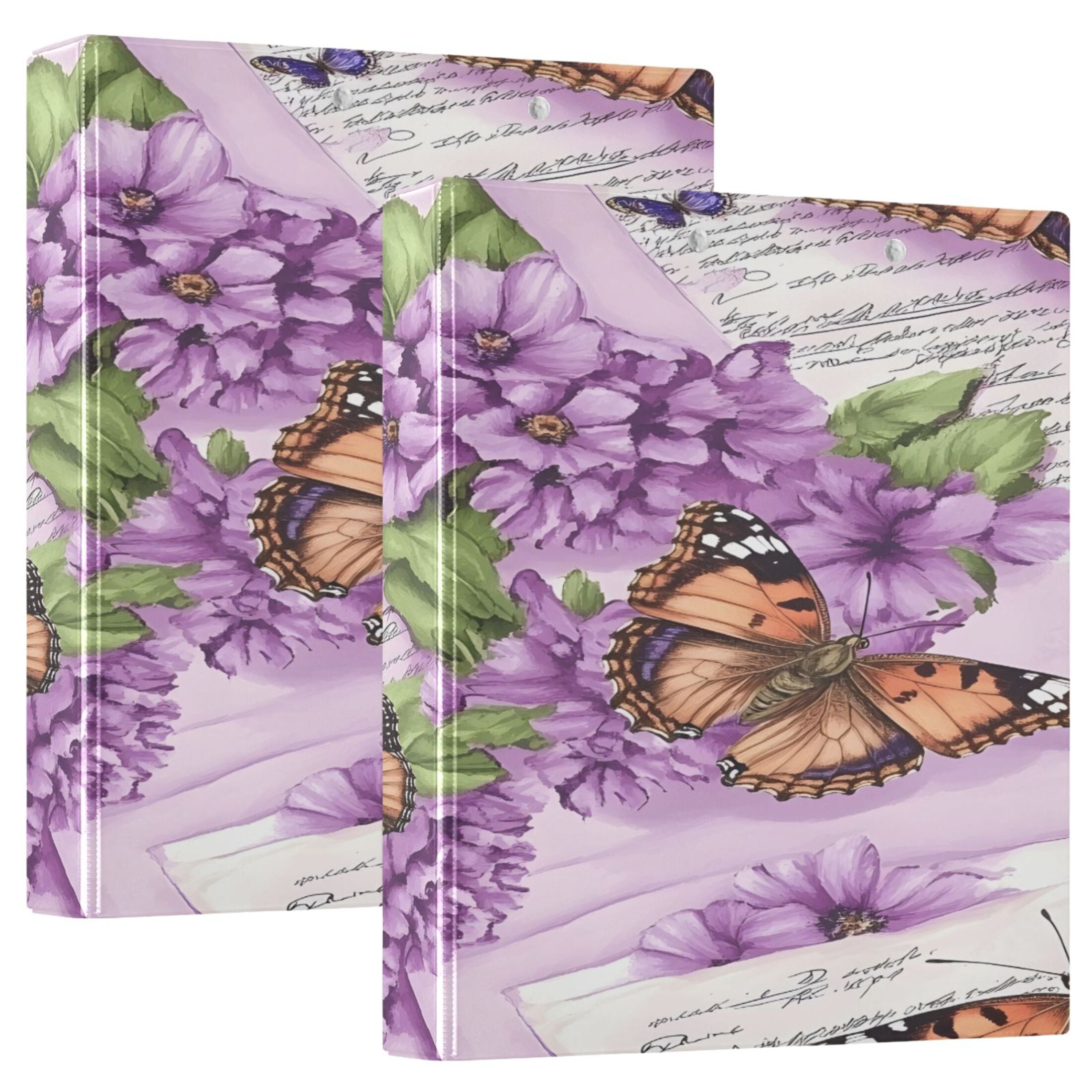 Lavender Flowers and Butterflies 12.4x10.6in PVC Round Ring Binders, 2 ...