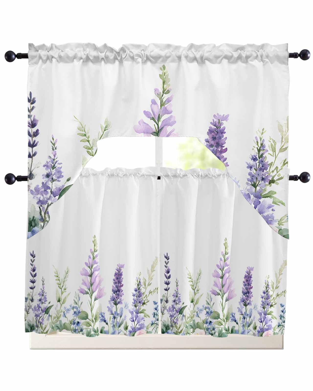 Lavender Leaf Kitchen Curtains Sets 24 Inch Length with Valance, Garden ...