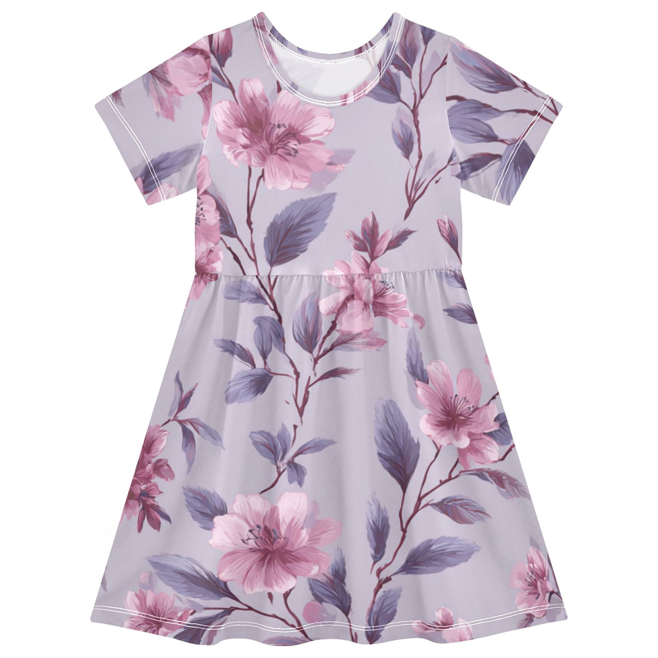 Lavender Leaves and Pink Flowers Girls' Short Sleeve Dress A-Line One ...