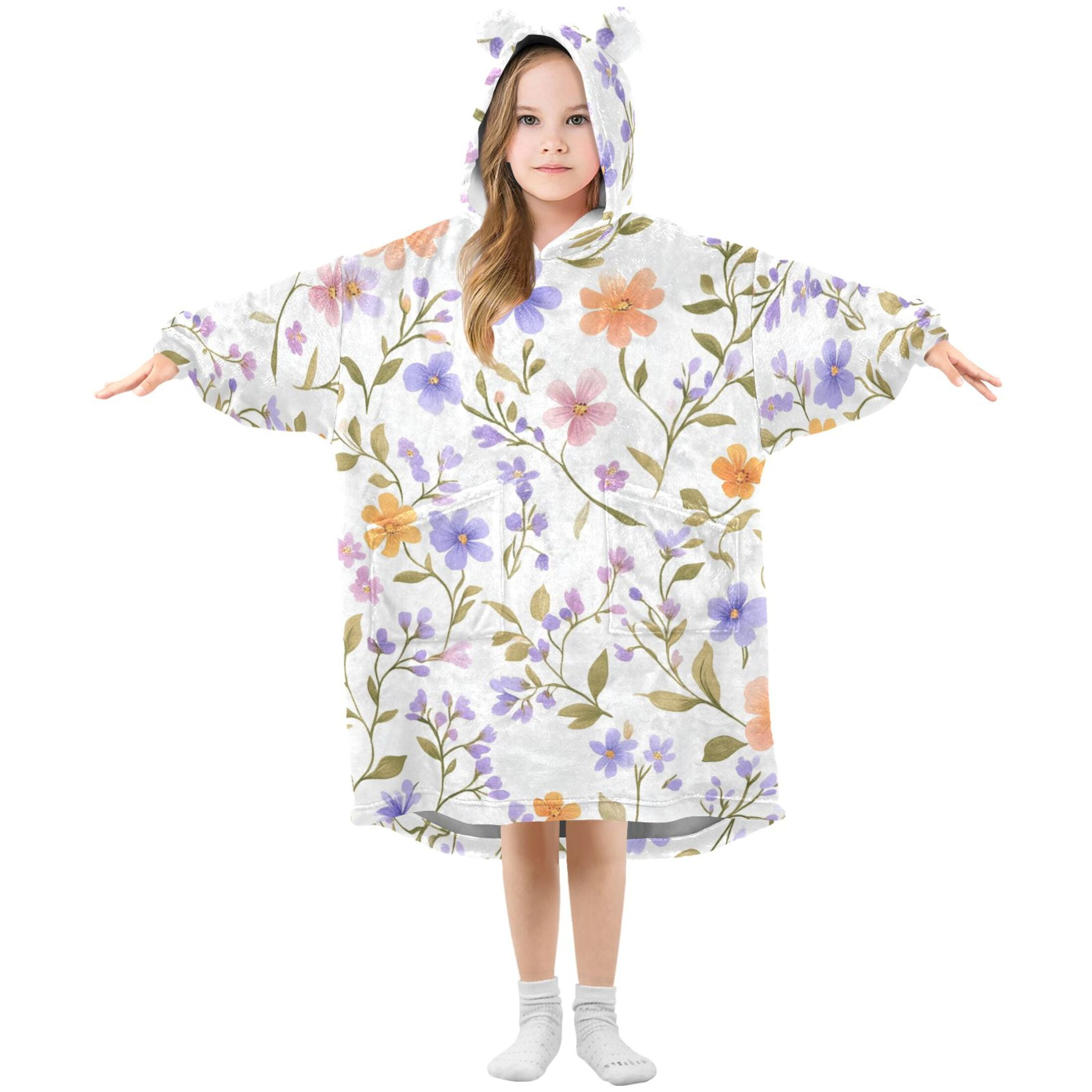 Lavender Orange Tiny Flowers Leaves Flannel Wearable Blankets Hooded ...