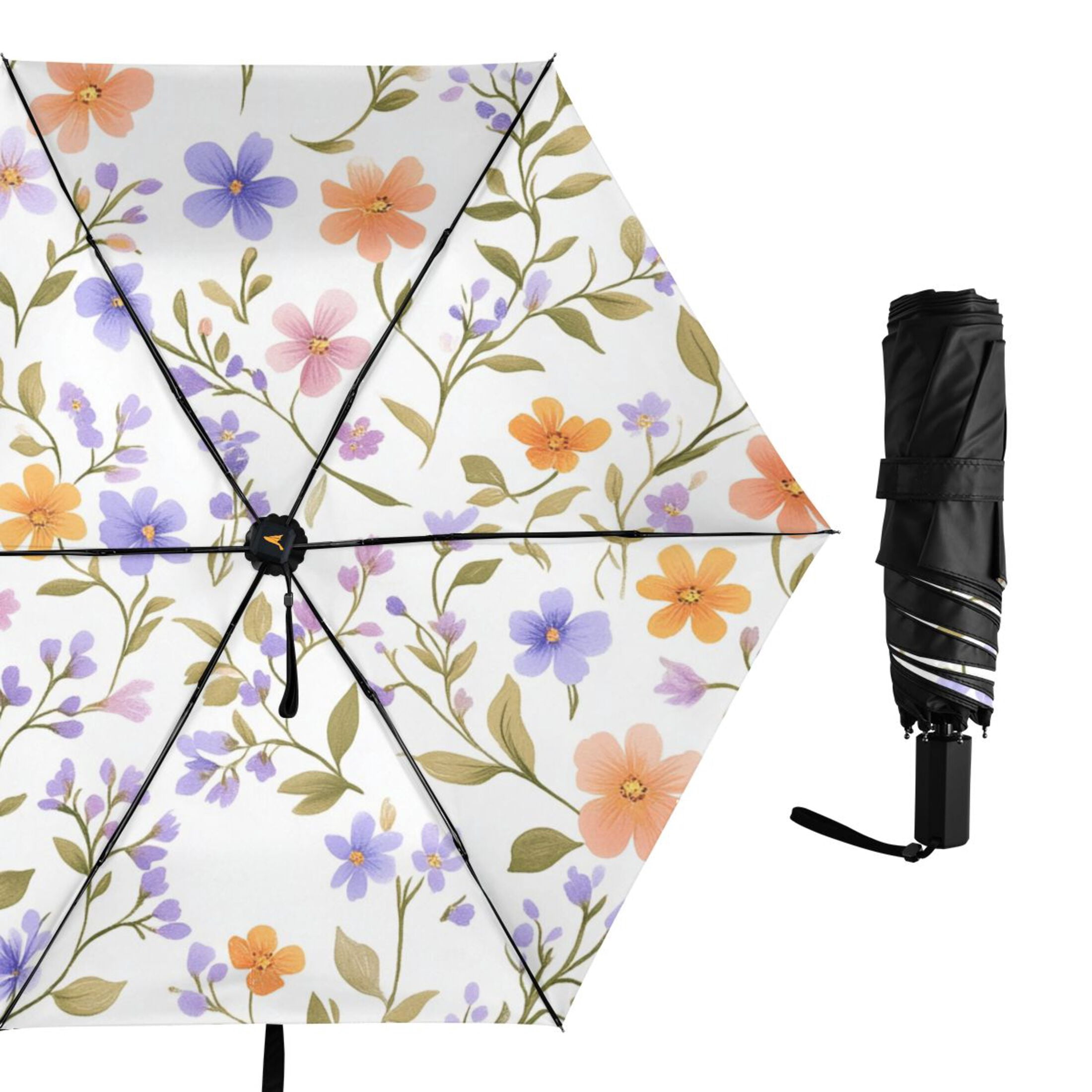 Lavender Orange Tiny Flowers Leaves Triple Folding Umbrella Parasol 6 ...