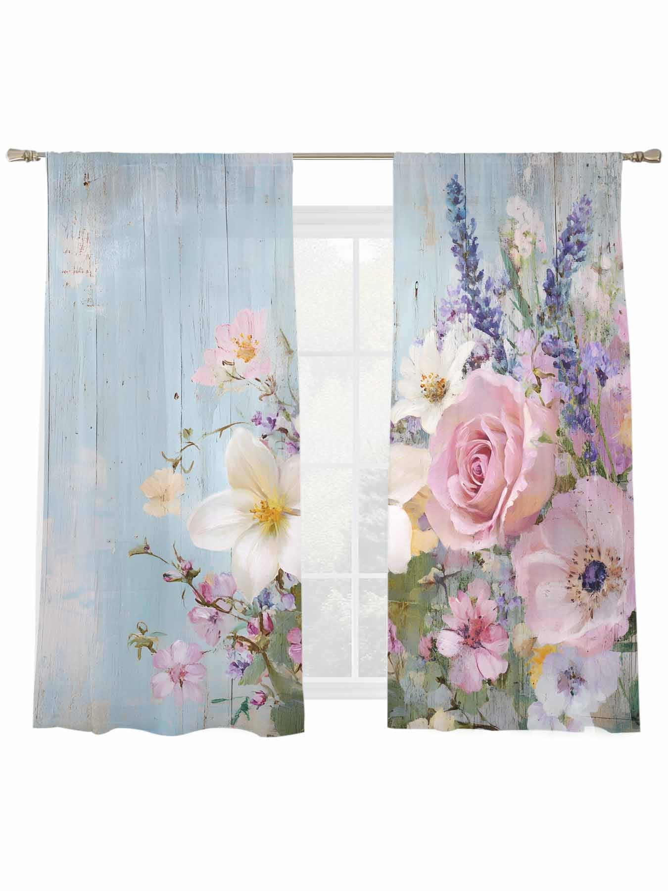 Lavender Pink Rose Sheer Curtains 2 Panels Set Leaf Pastoral Flower ...