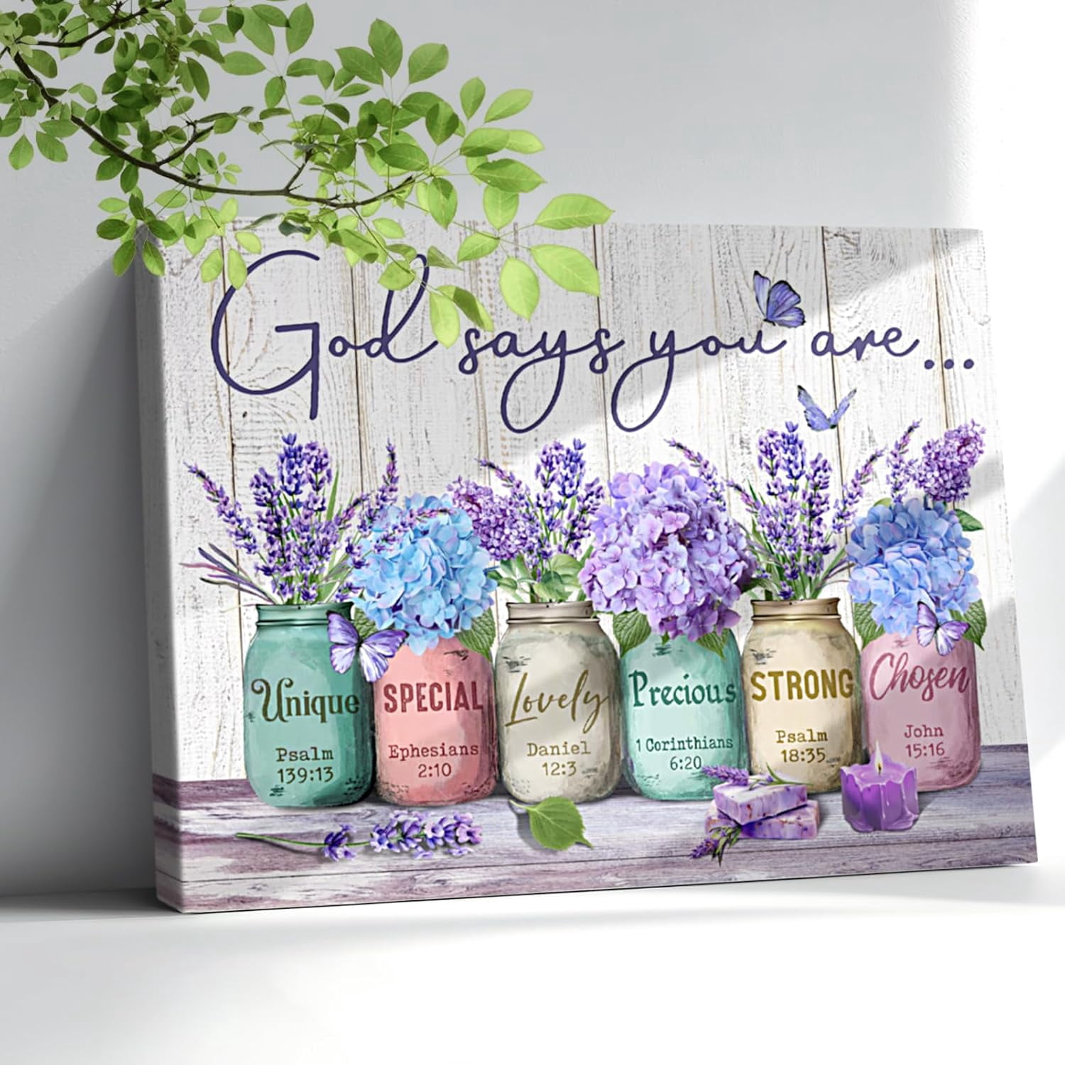 Lavender Purple Flower In Jars Canvas Wall Art God Says You Are Bible ...
