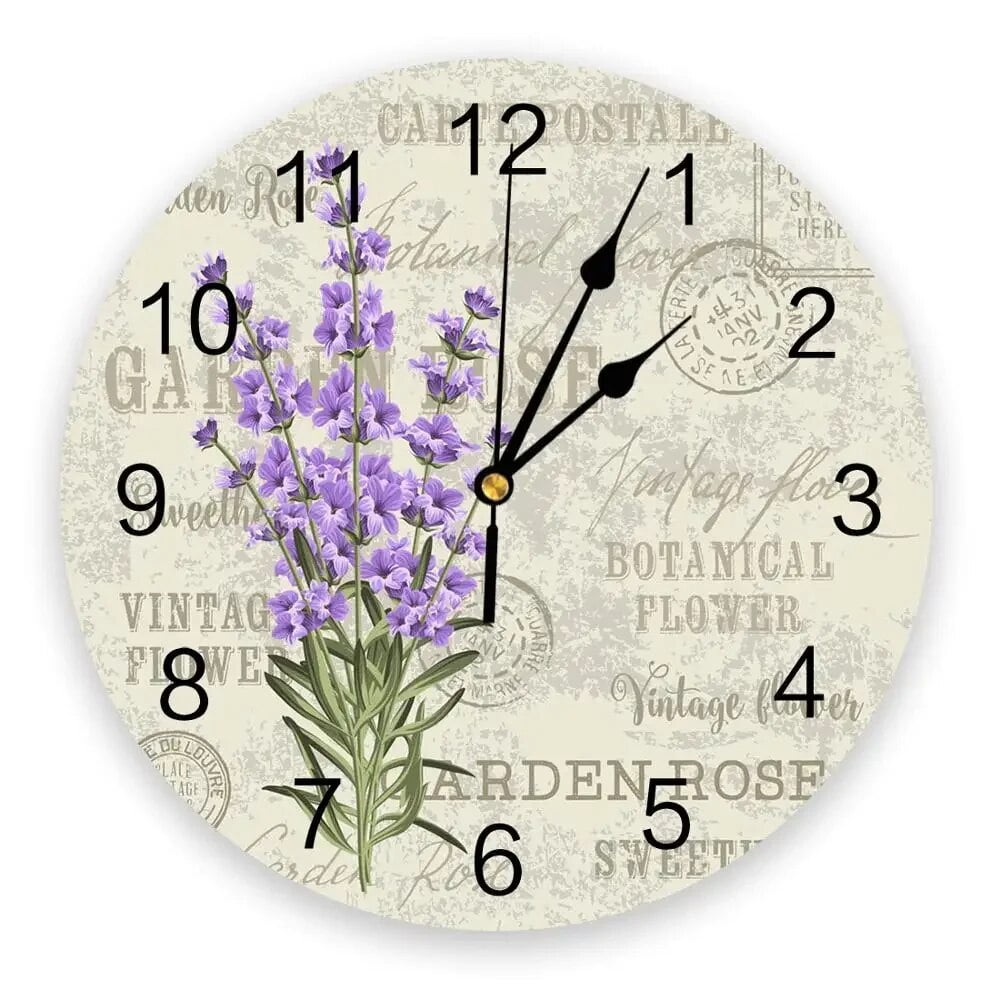 Lavender Purple Flowers Leaves Retro Wall Clocks Non Ticking Girl Boy ...