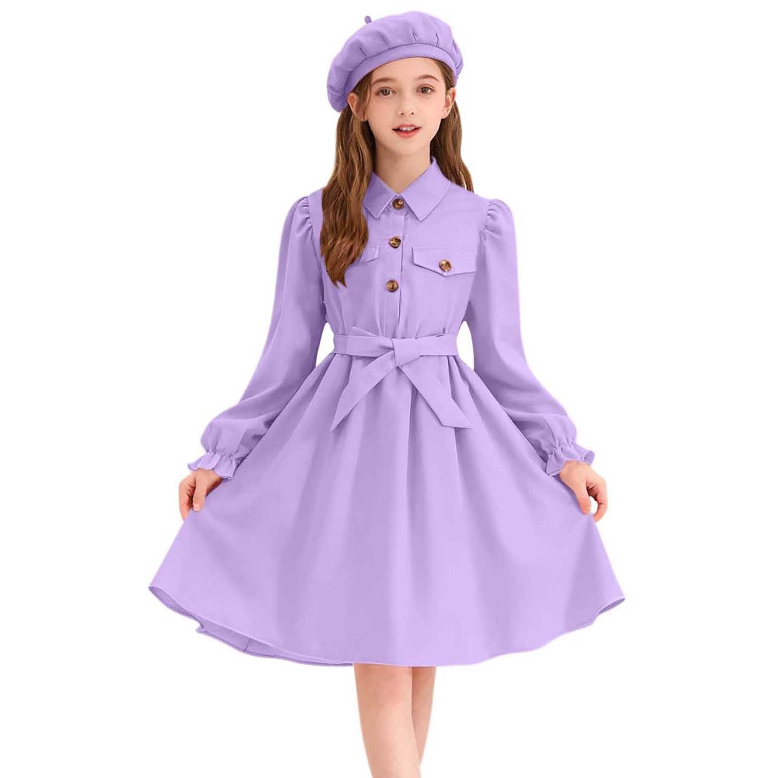Lavender Purple Girls Shirt Dress and Beret Set 2-Piece Outfit, Button ...