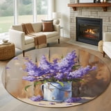 Lavender Round Area Rug 5 FT, Non Slip Bedroom Area Rug, Spring Floral ...