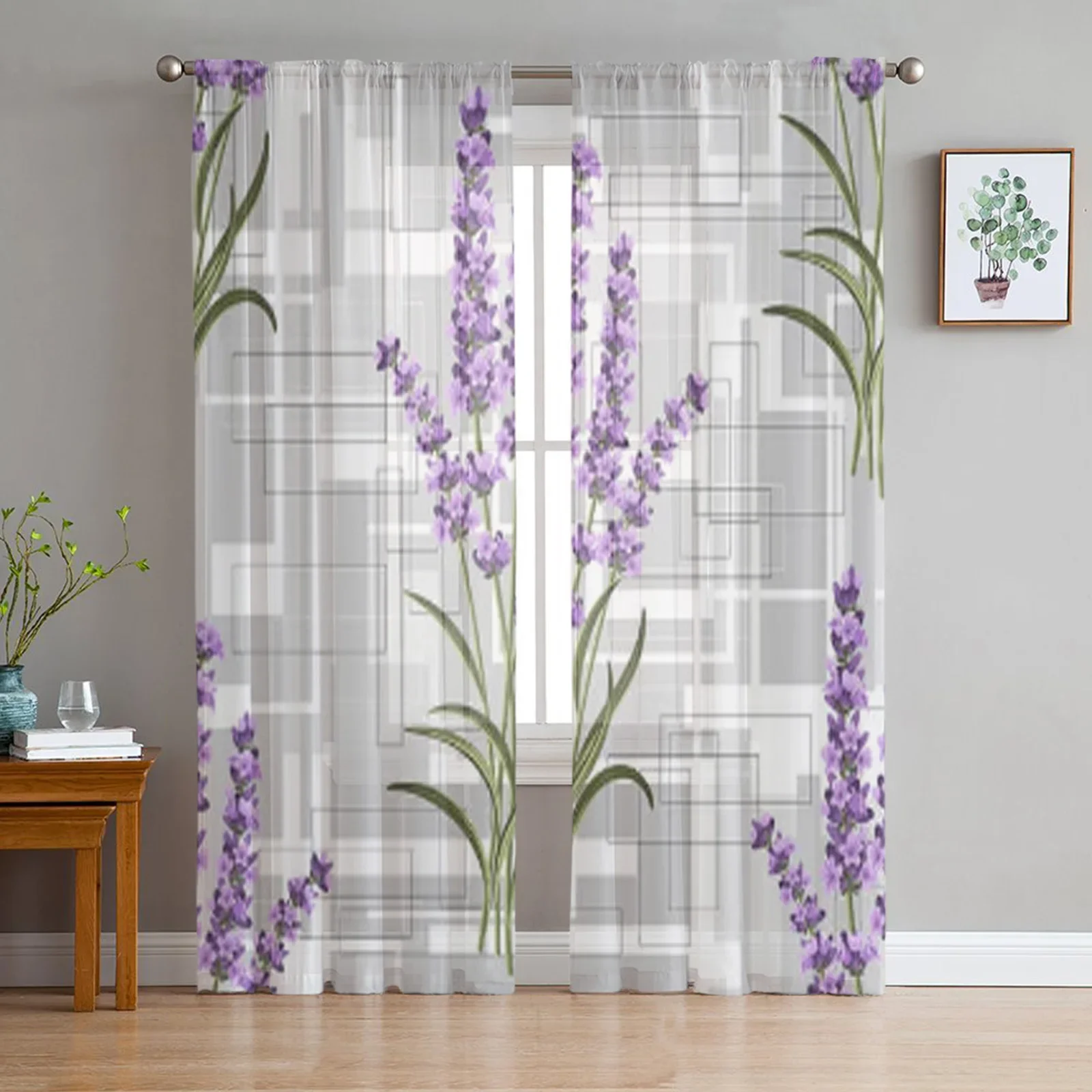 Lavender Seamless Floral Pattern Tulle Curtain for Living Room Bedroom ...