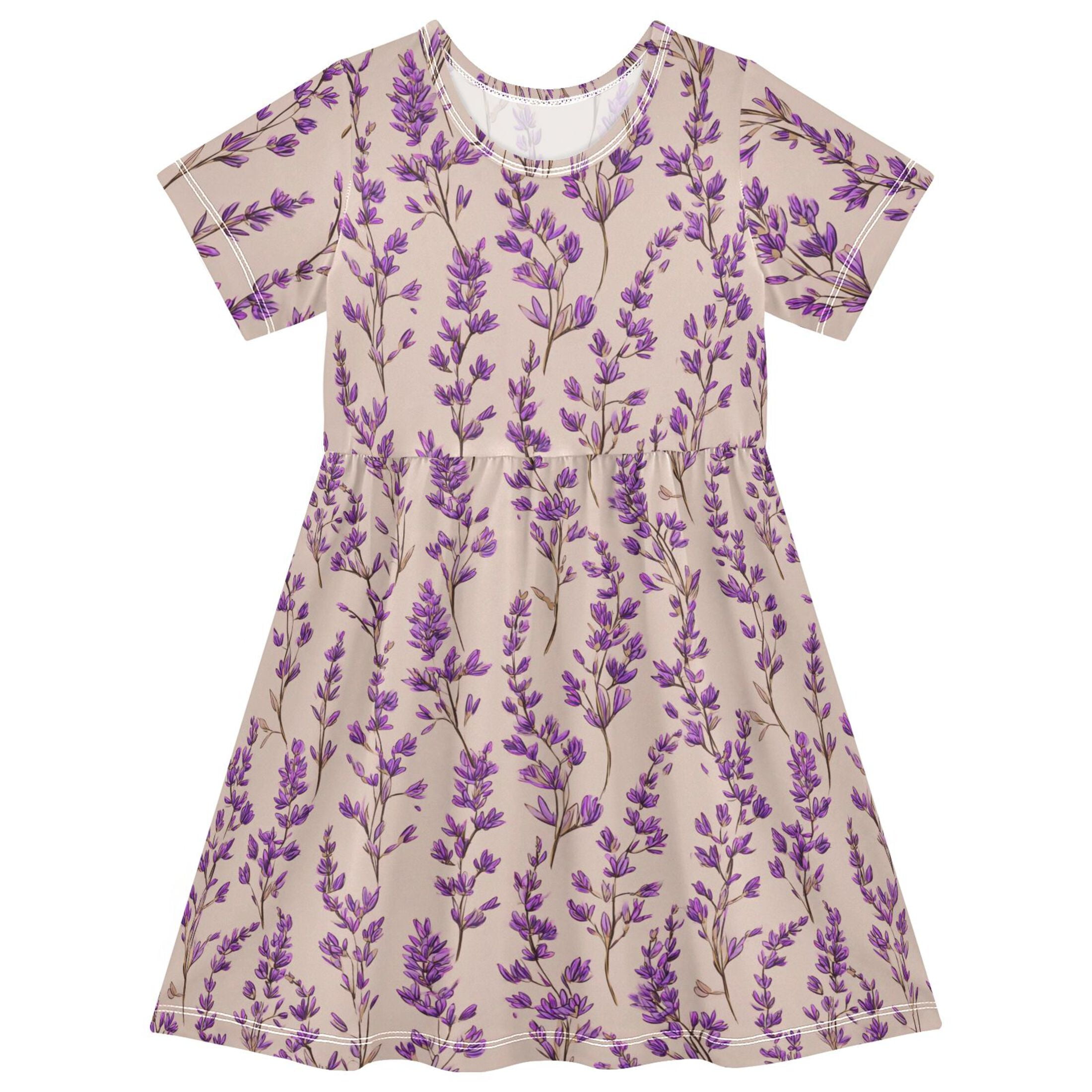 Lavender Short Sleeve Dress A-Line Cute Midi Casual Sundress 2-8 Years ...