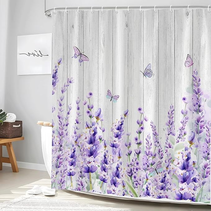 Lavender Shower Curtain Purple Watercolor Floral Butterfly Spring ...