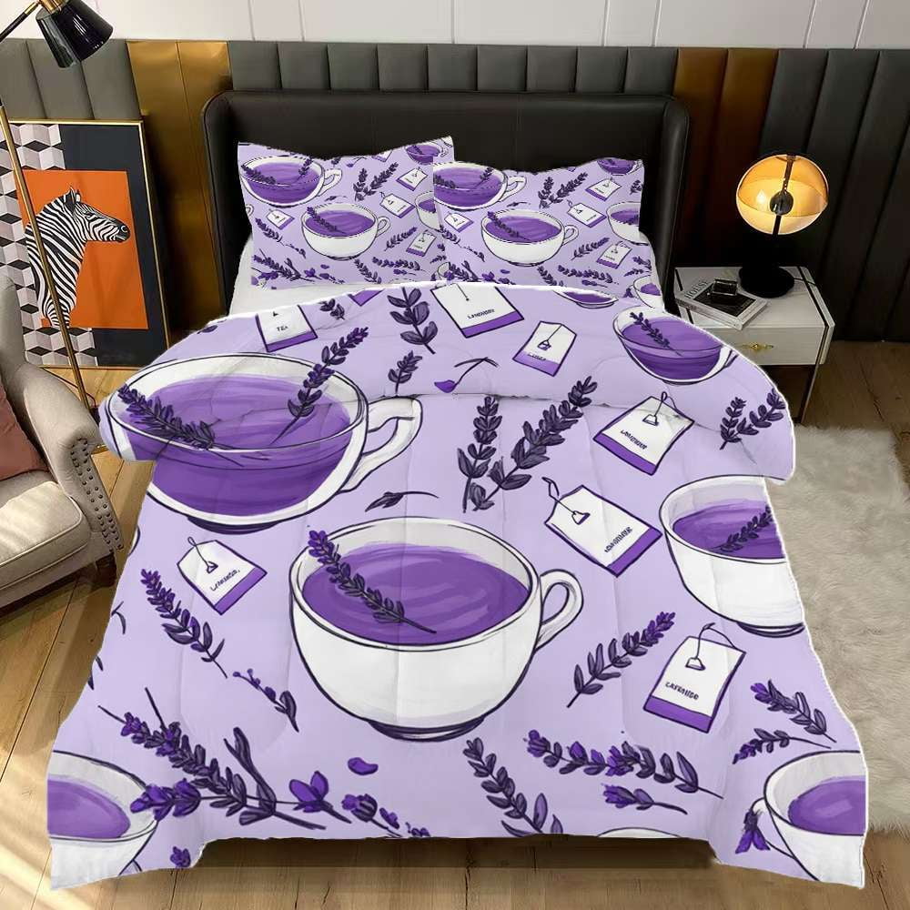 Lavender Tea Pattern Comforter Set Queen Size Bedding Set For Travl ...