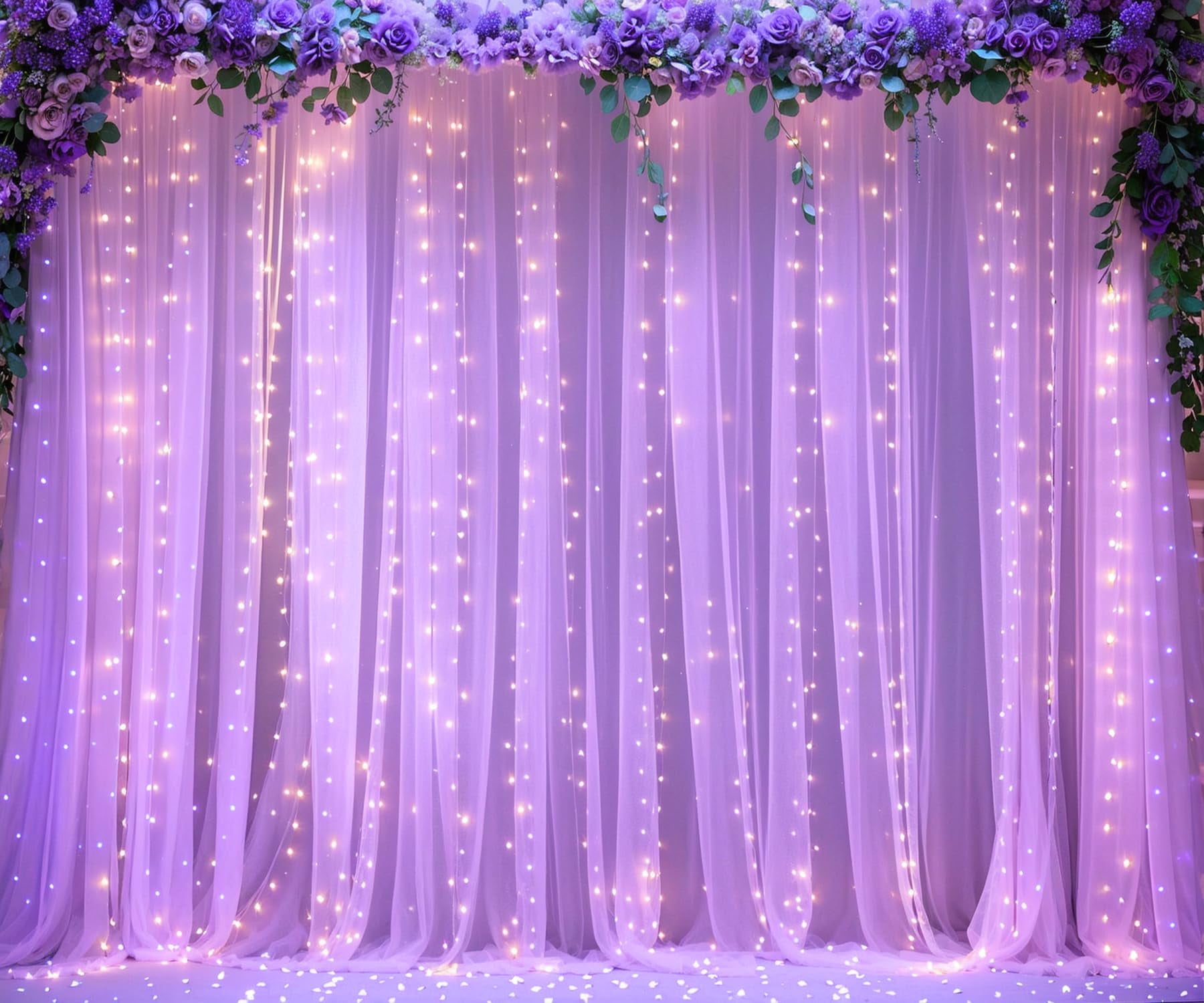 Lavender Tulle Photo Backdrop Curtain with Lights String for Parties ...