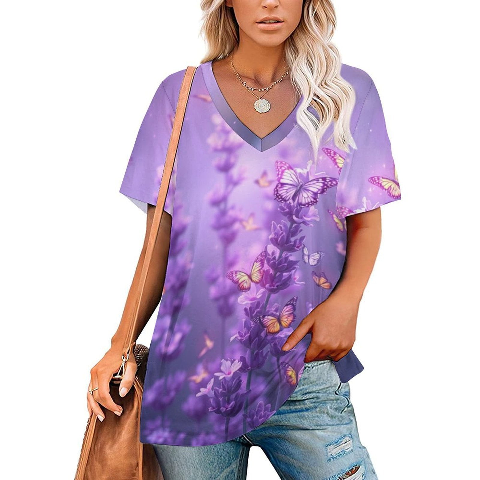 Lavender V Neck Fashion Oversize T-Shirt Short Sleeve Aesthetic Tee ...