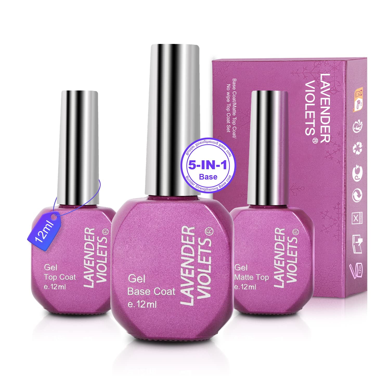 Lavender Violets 12ml 3pcs TMA2 Top Coat Base Coat Gel Nail Polish, No Wipe Base Gel Matte ...