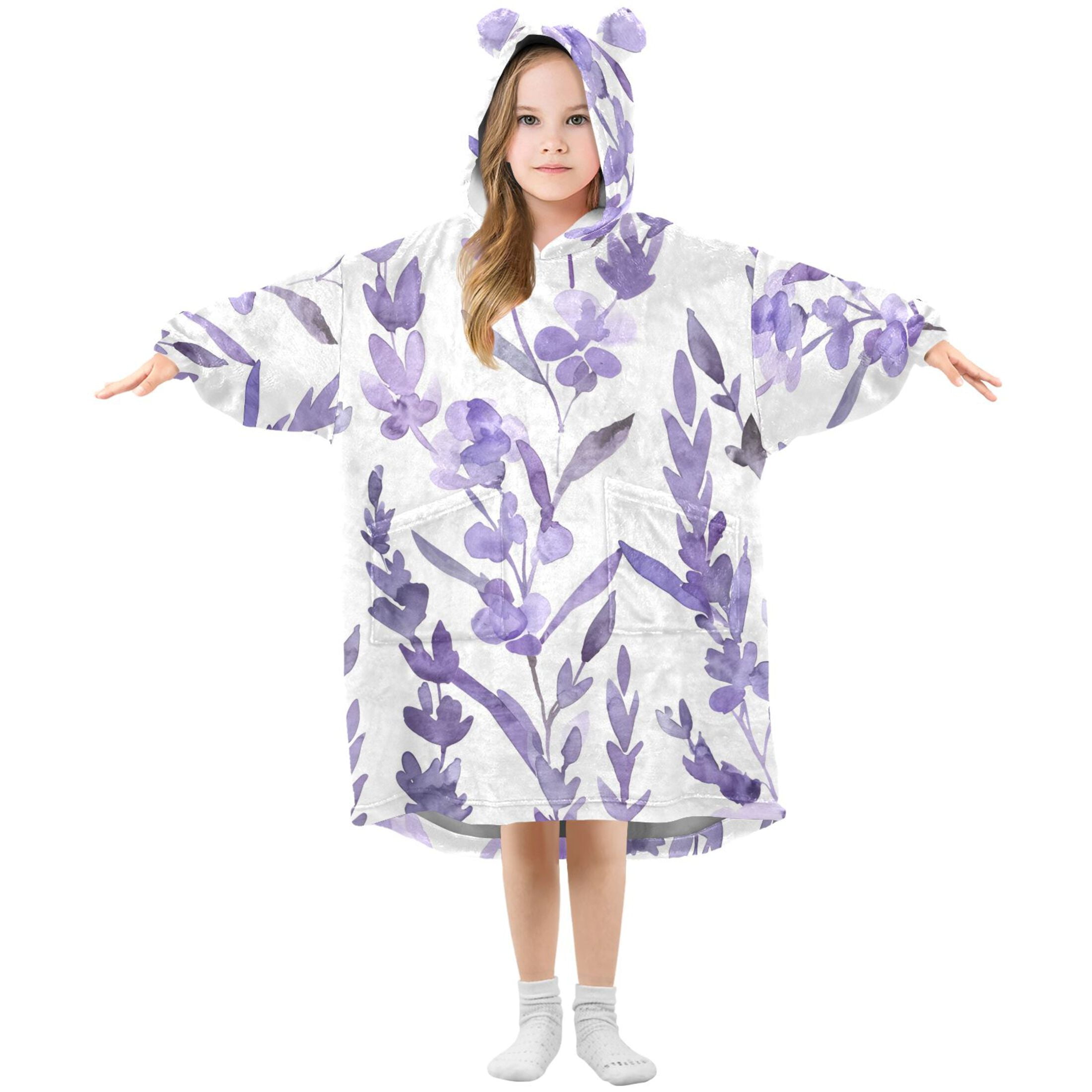 Lavender Watercolor Flannel Wearable Blankets Hooded Design Long ...