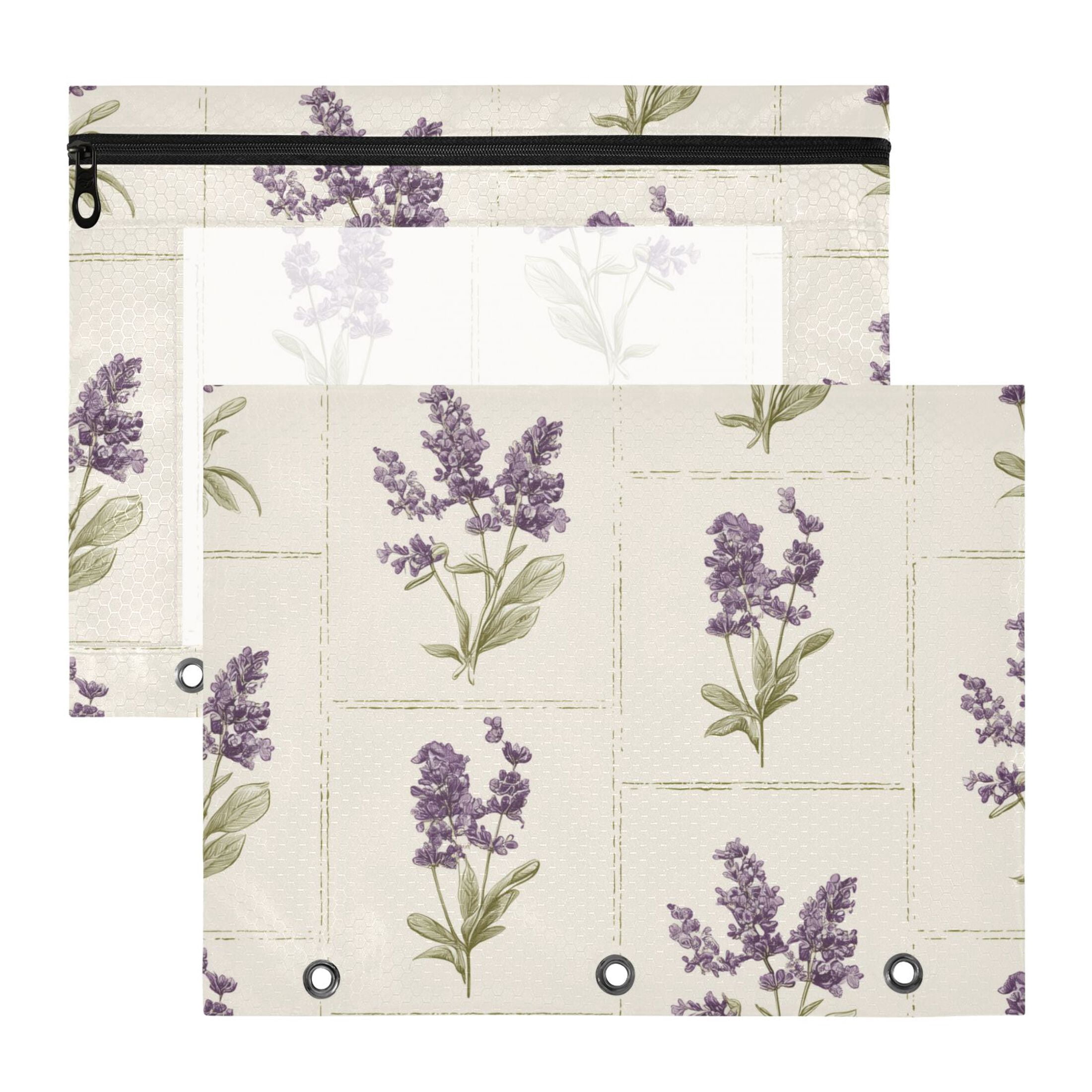 Lavender on Beige Background 3-Ring Binder Pocket with Zipper Pencil ...